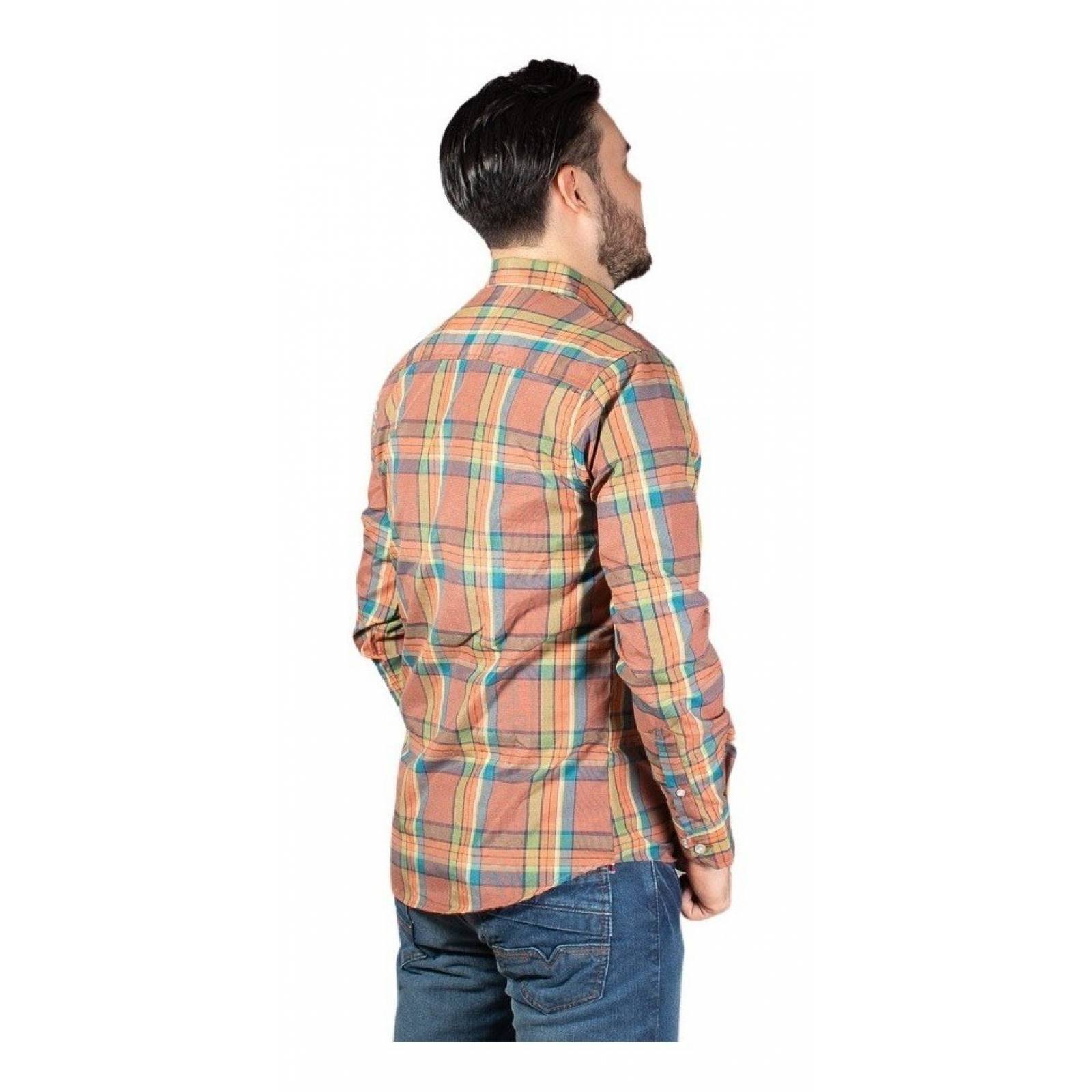 Camisa A Cuadros Hombre Slim Fit Color Ladrillo Y Azul