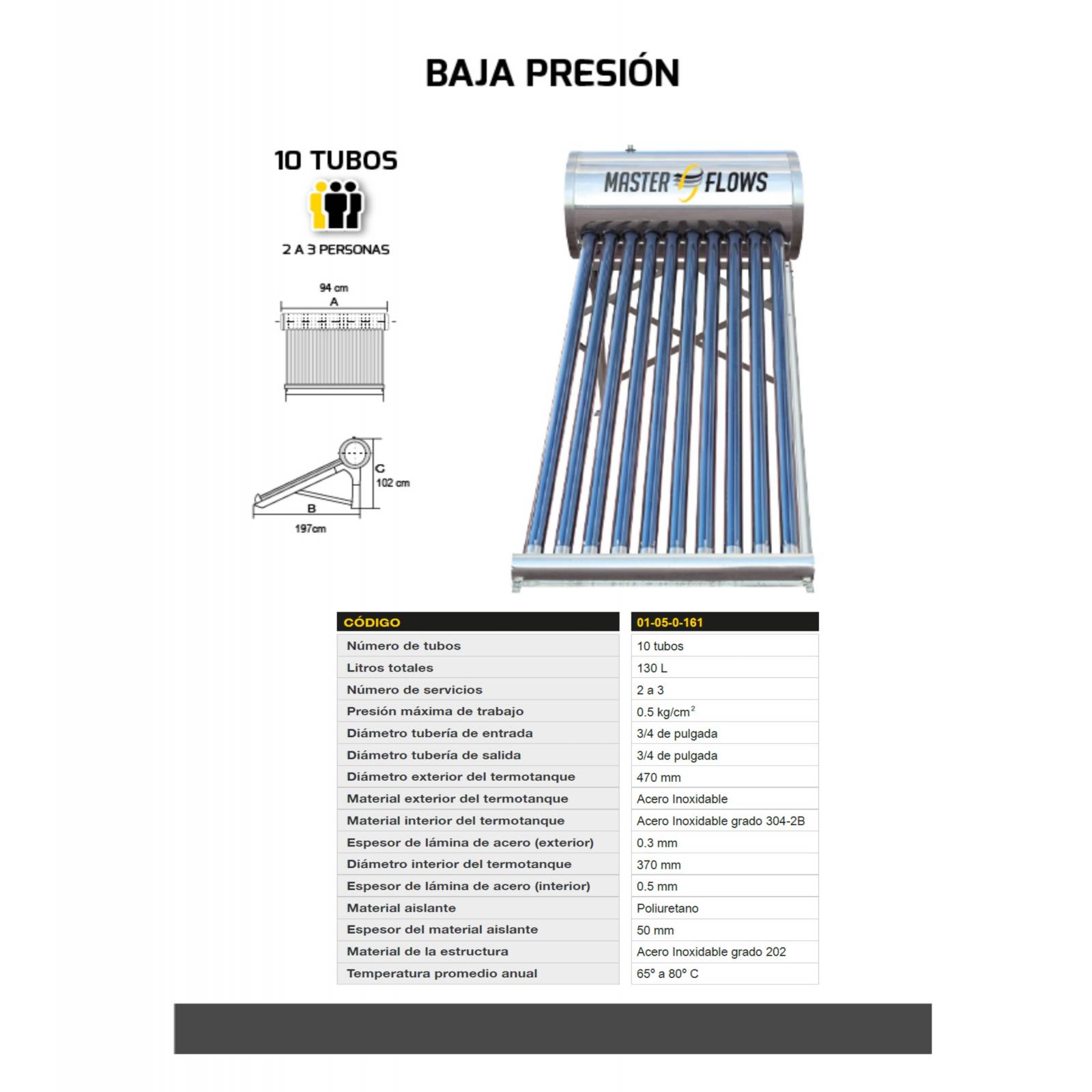 Calentador Solar MasterFlows 10 Tubos 130 Litros Baja Presión CALSOL-10
