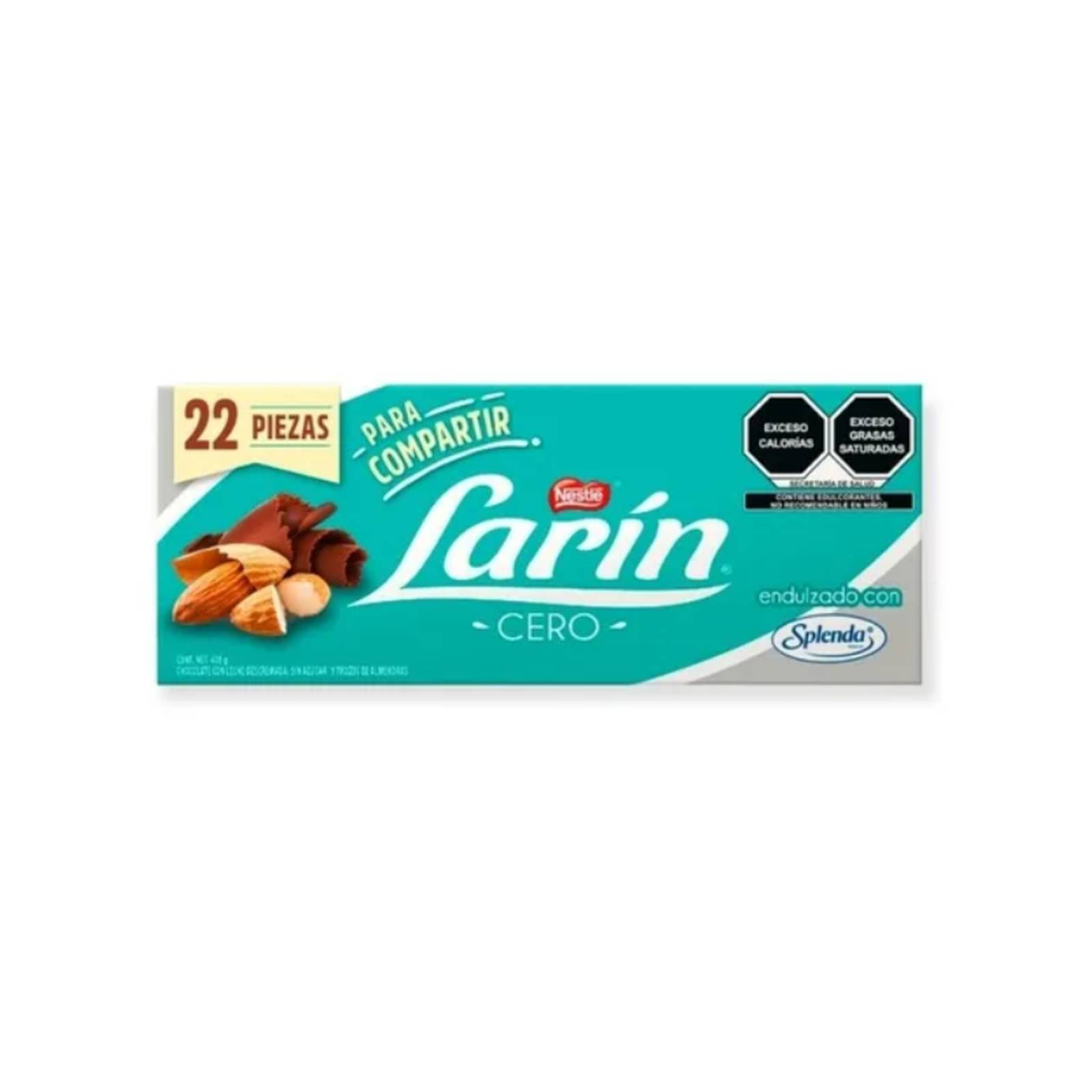 Chocolate Larín cero, con splenda y trozos de almendras, 22 piezas