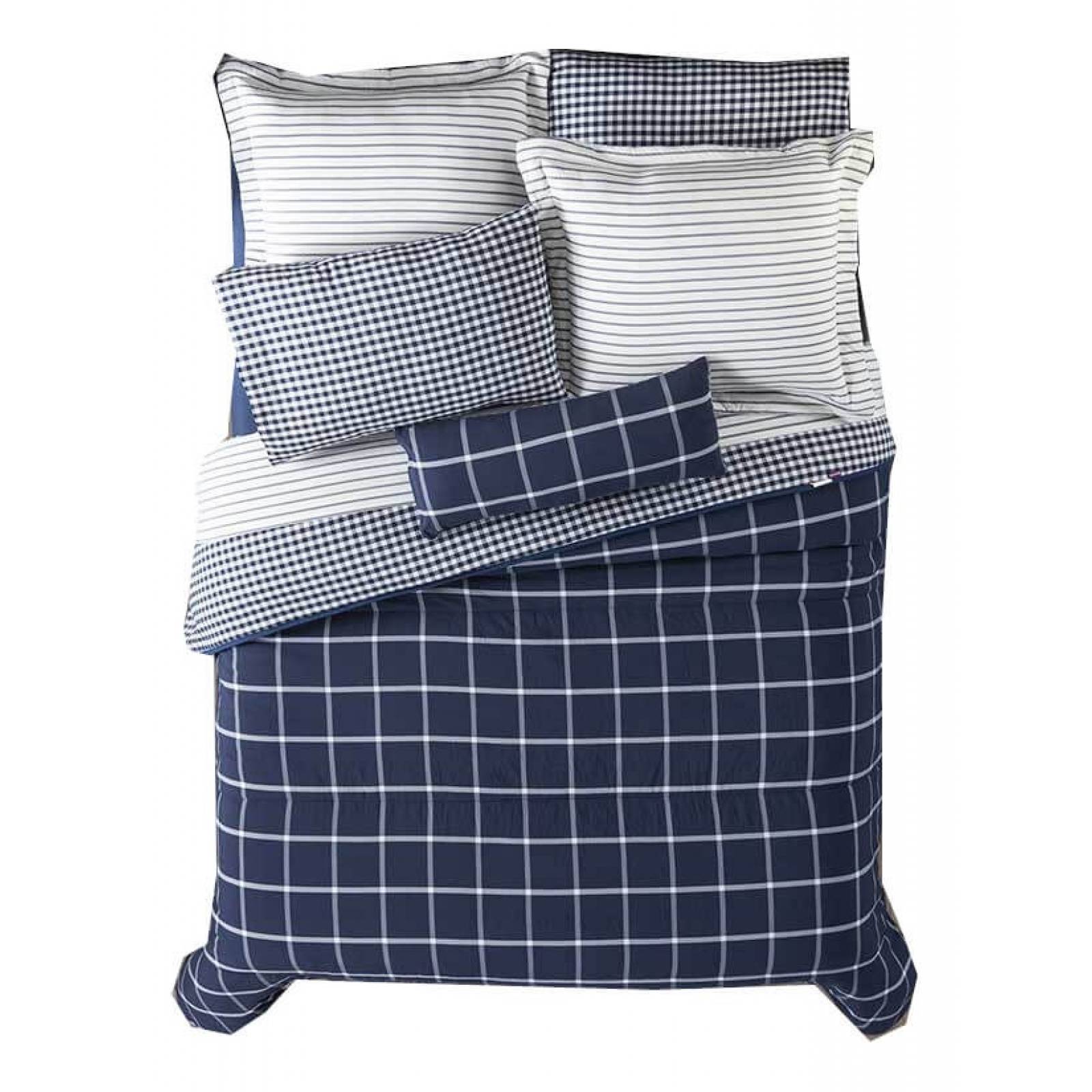 Edredón king size azul cuadros c/ funda y cojin