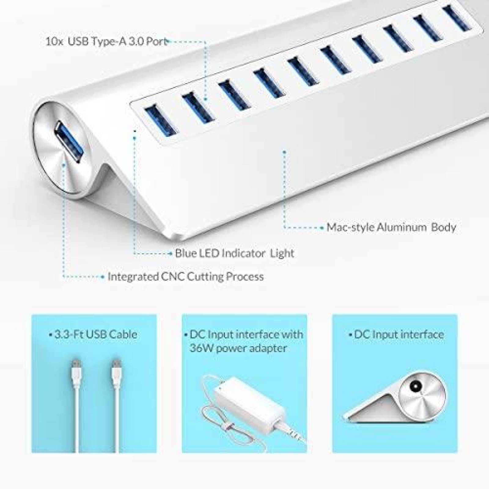Multi Conector Orico Hub De 10 Puertos Usb 3.0 Pc Mac -plata
