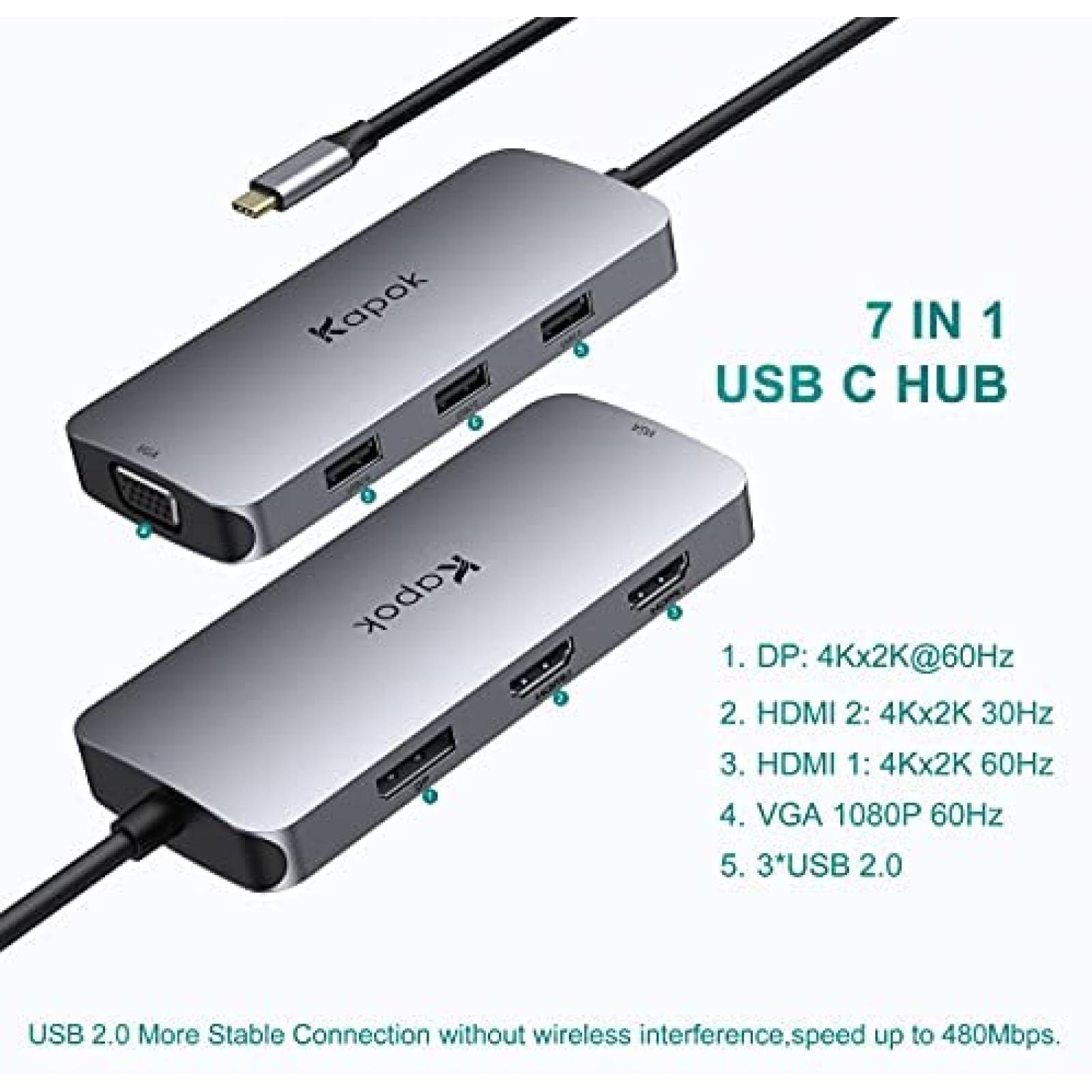 Multipuerto Kapok HDMI Displayport VGA USB 2.0 -Silver