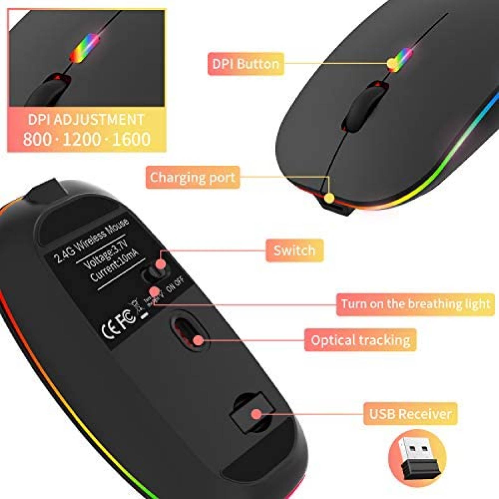 Mouse Holy Sword Inalambrico LED Recargable -Negro
