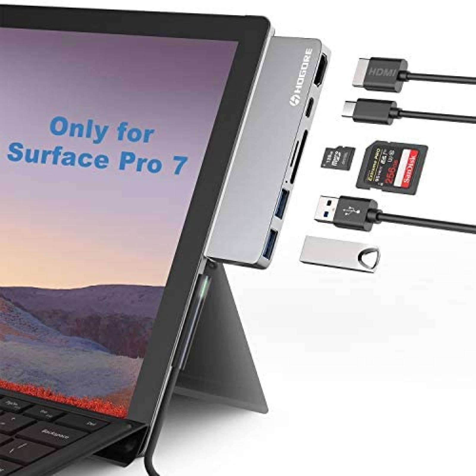 Hub USB C HOGORE para Surface Pro 7 de 6 Puertos -Plata