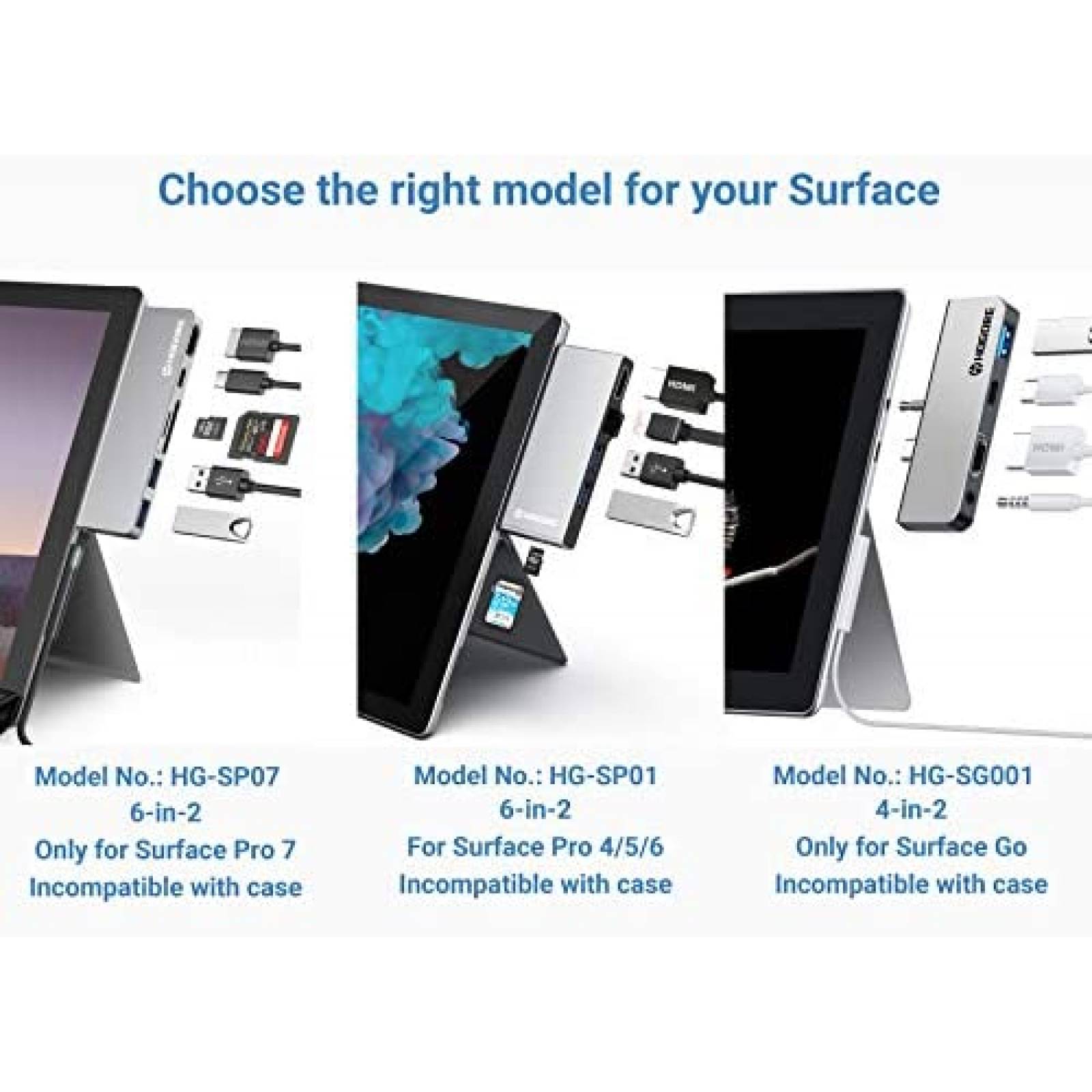 Hub USB C HOGORE para Surface Pro 7 de 6 Puertos -Plata