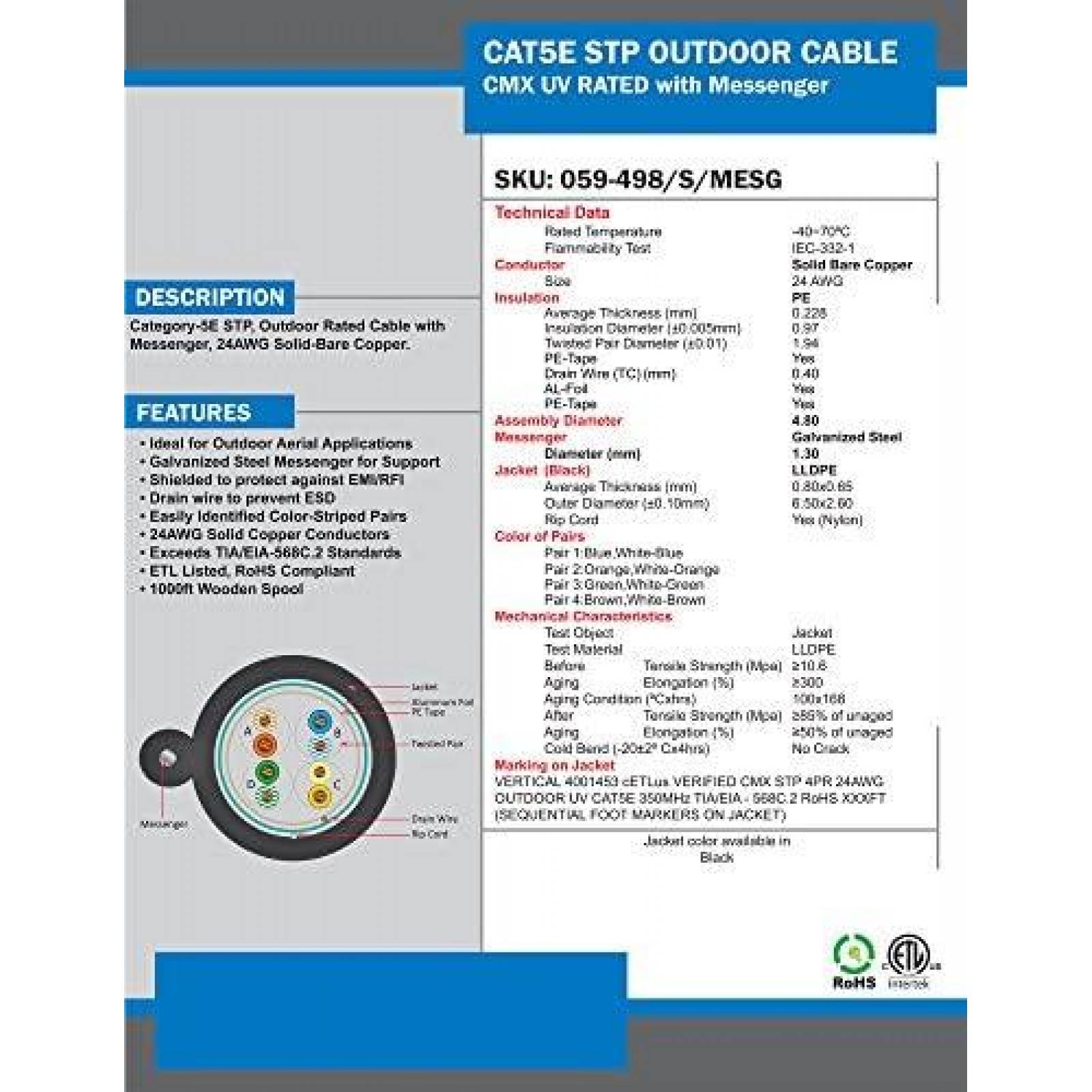 Cable Industrial VC VERTICAL CABLE Longitud de 1000 Pies