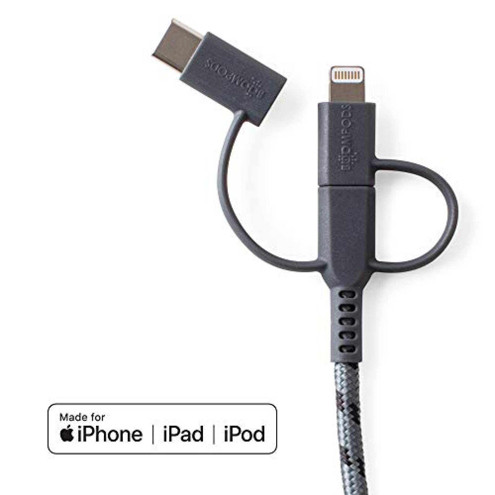 Cable BoomPods Armor 3 en 1 USB-C de 1.5 metros -Gris