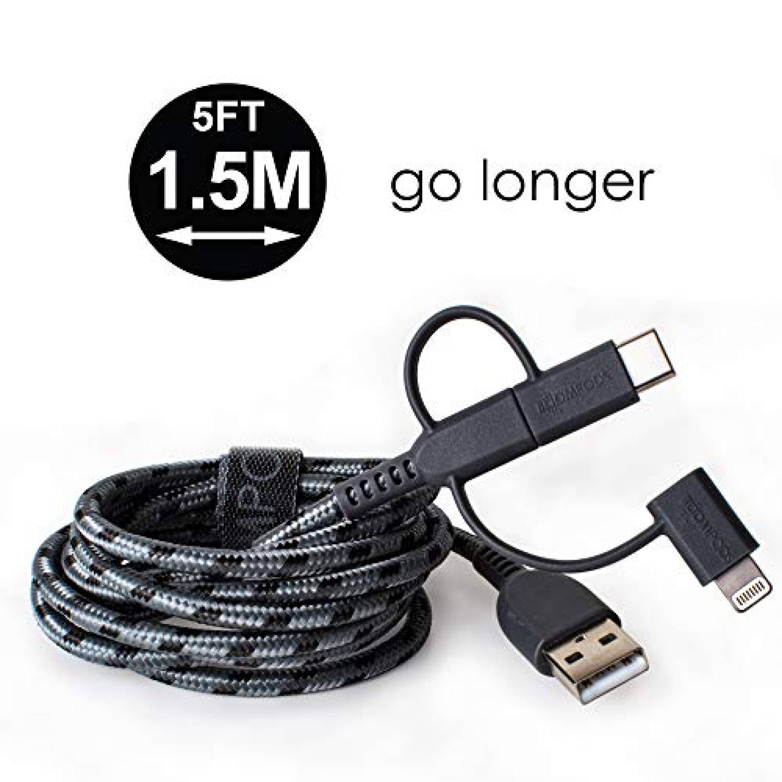 Cable BoomPods Armor 3 en 1 USB-C de 1.5 metros -Gris