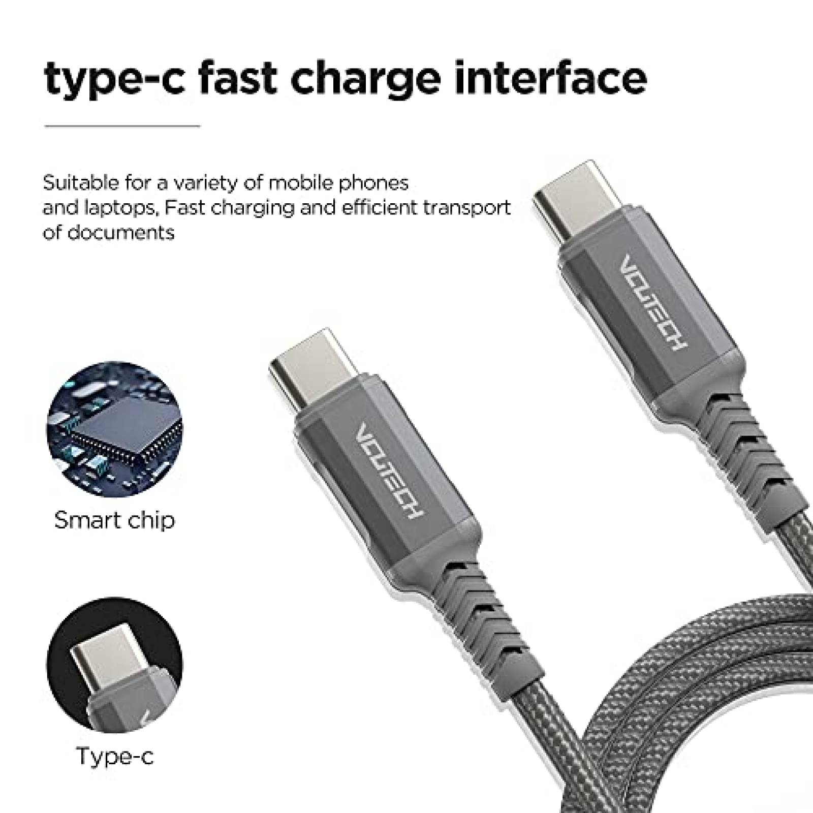 Cable con entrada USB C a USB C VCUTECH 1.1ft -Gris