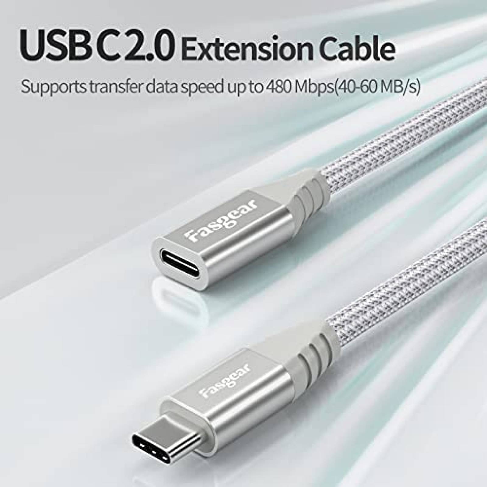 Cable Fasgear USB C Macho a Hembra de 6 Pies 2 Pzs -Gris