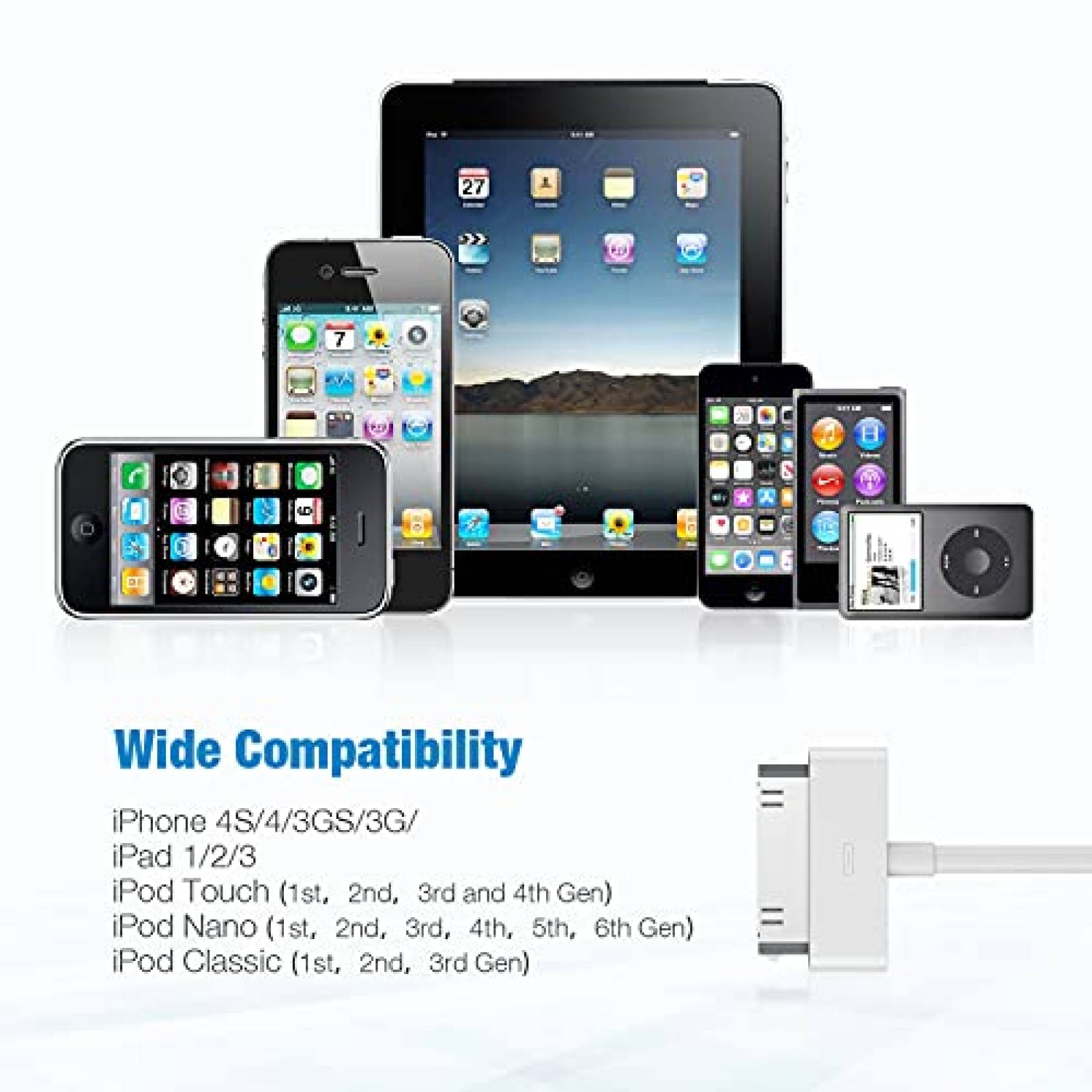 Cable sarmert Carga USB Tipo A 30 Pines 4 ft -Blanco