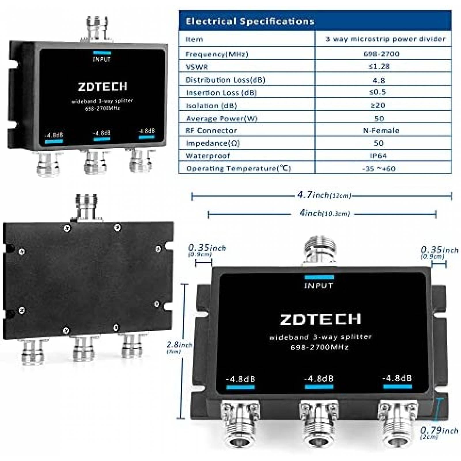 Splitter de 3 vias ZDTECH 50 Ohm conexion N-hembra -Negro