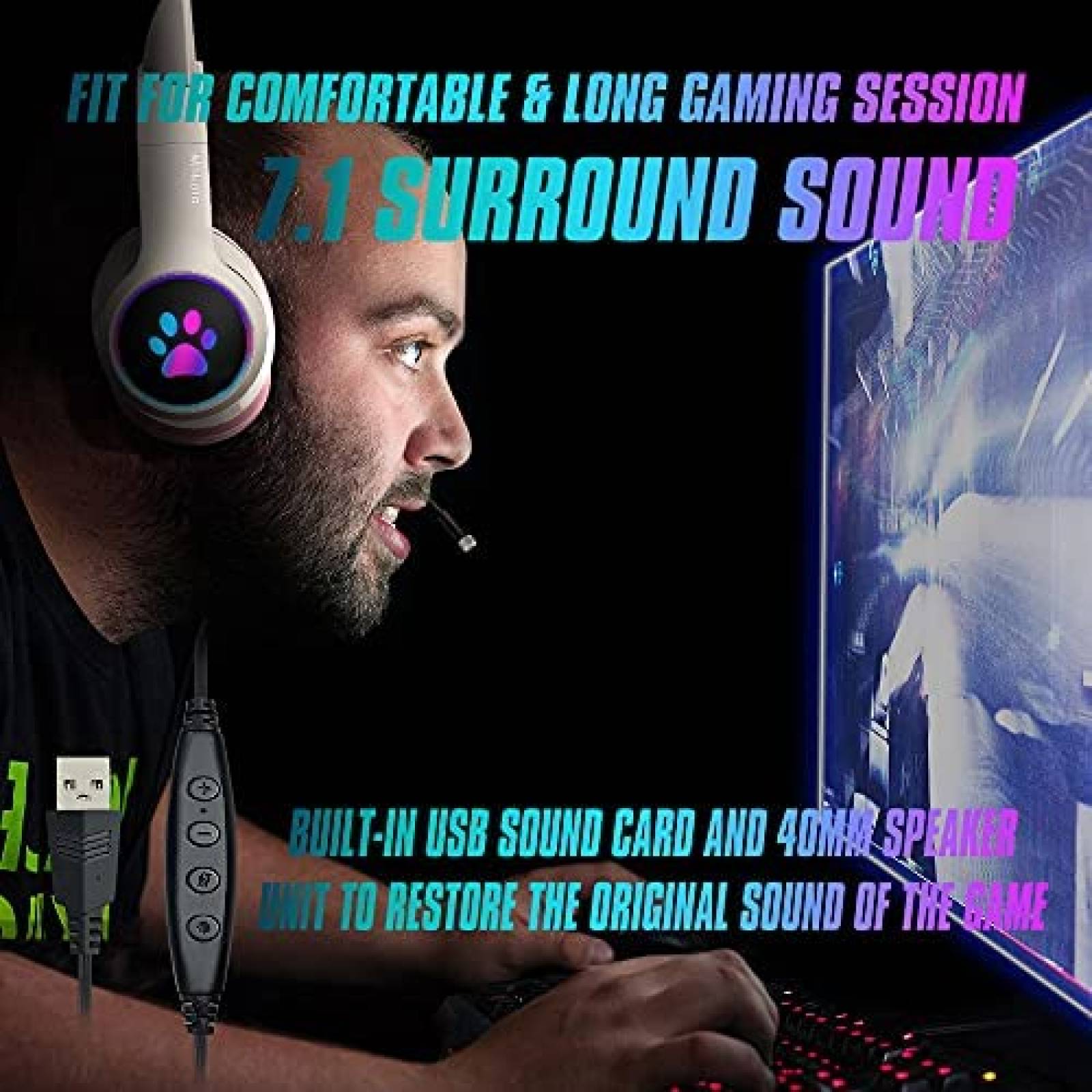 Headset de Gato Mokata Sonido Surround 7.1 USB -Beige