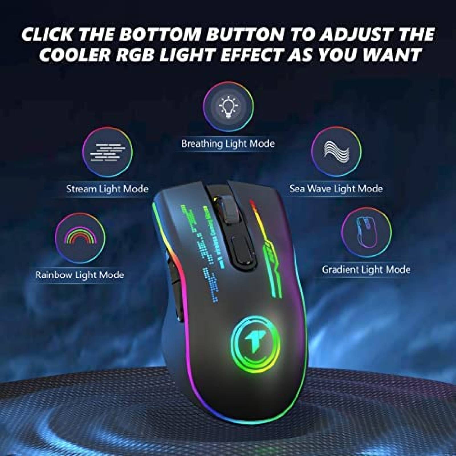 Mouse Gamer TECURS Inalambrico RGB IP54 Con Cable -Negro