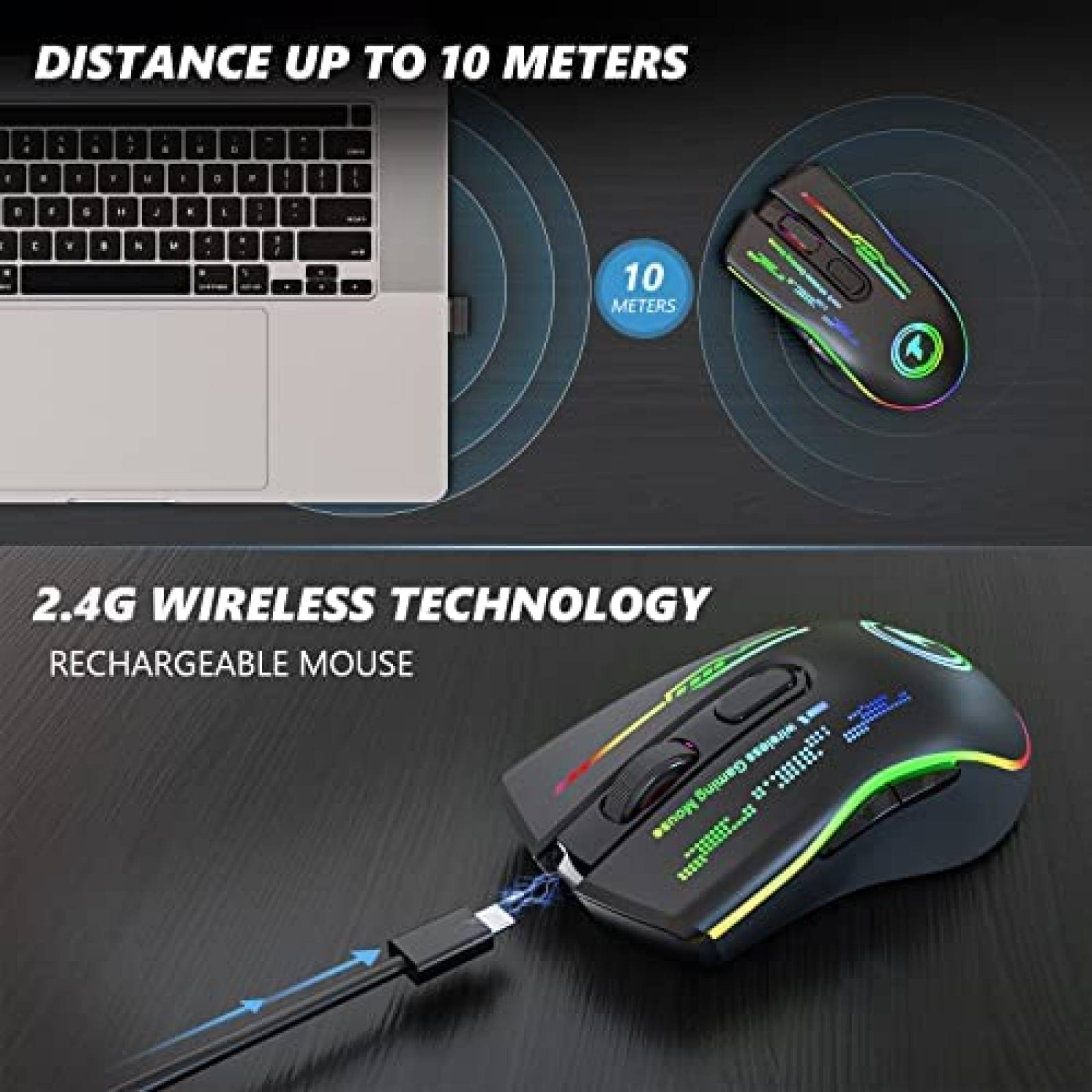 Mouse Gamer TECURS Inalambrico RGB IP54 Con Cable -Negro