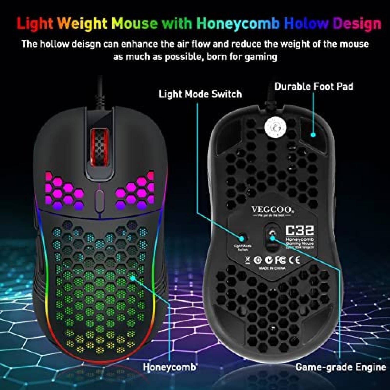 Mouse Gamer RGB VEGCOO C32 de 6 Botones Programables -Negro