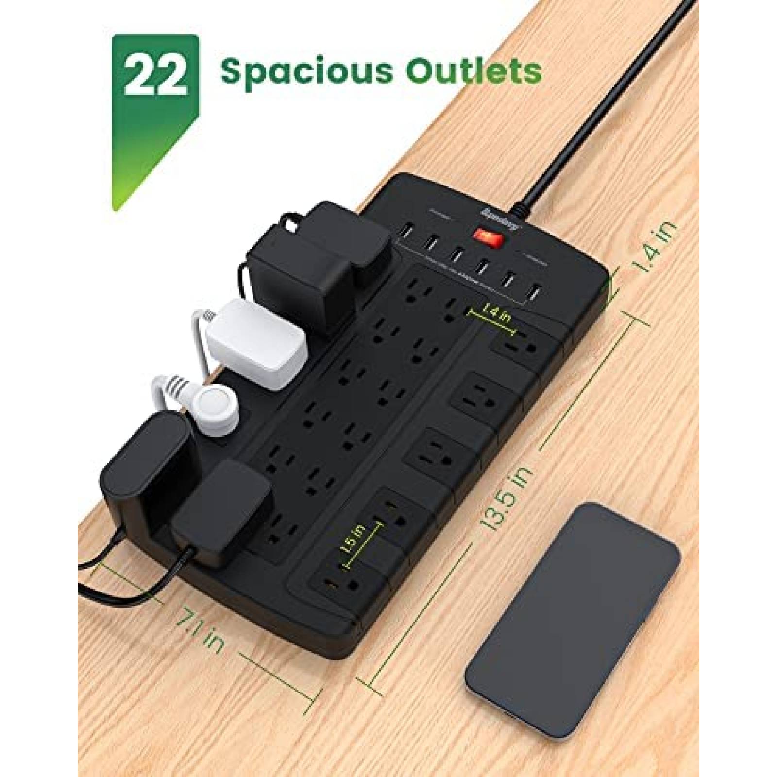Multicontacto SUPERDANNY 22 Entradas y 6 Puertos USB -Negro