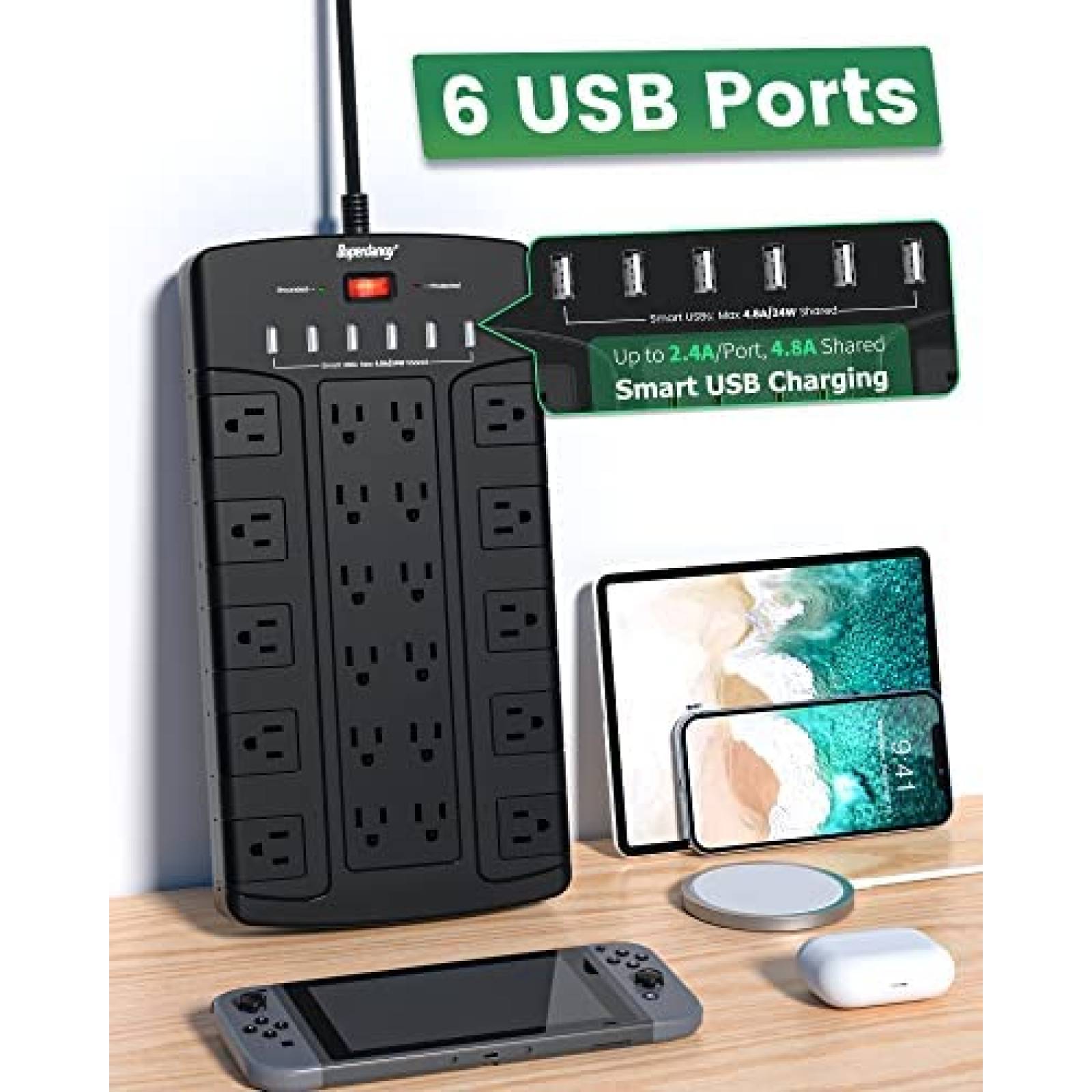 Multicontacto SUPERDANNY 22 Entradas y 6 Puertos USB -Negro