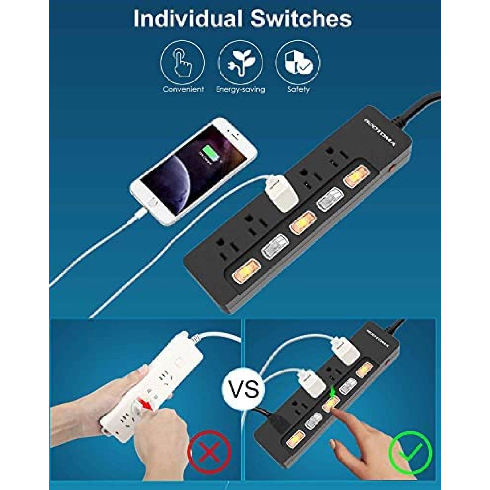 Tomacorriente ROOTOMA 6 pies Switch 15A Individual -Negro