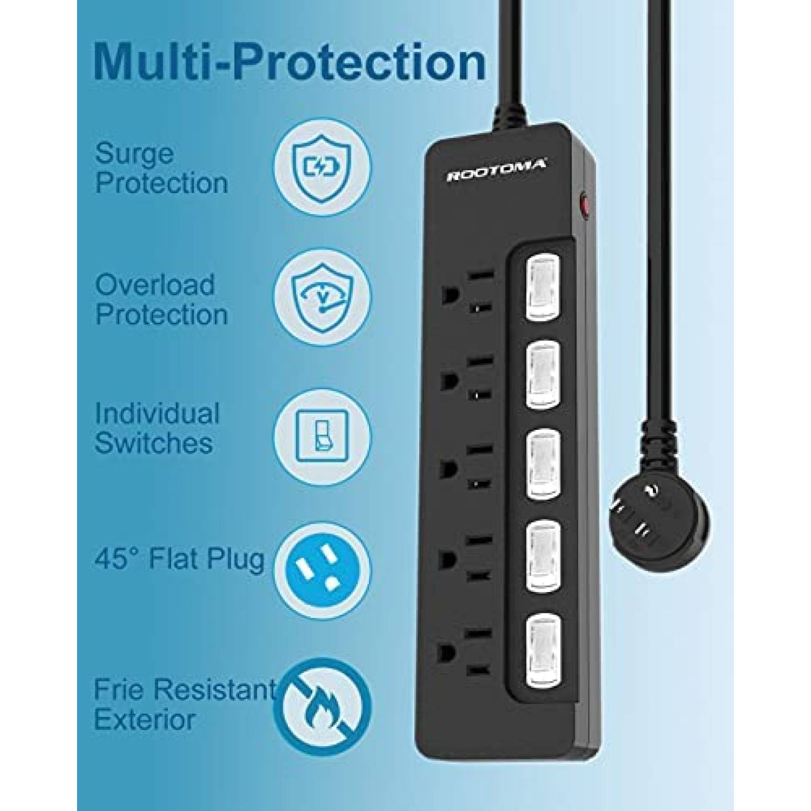 Tomacorriente ROOTOMA 6 pies Switch 15A Individual -Negro