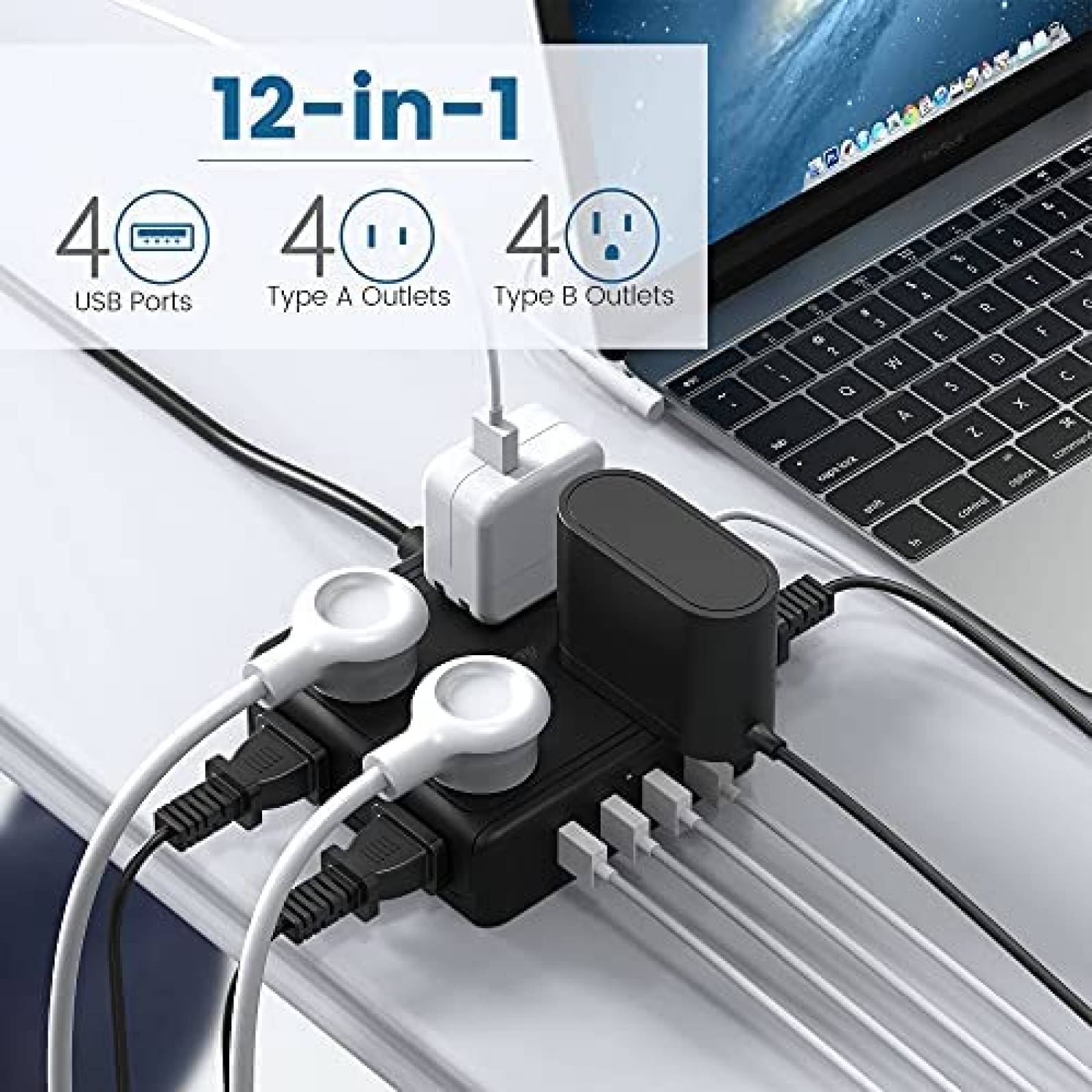 Multicontactos SUPERDANNY con 8 Salidas AC y 4 USB -Negro