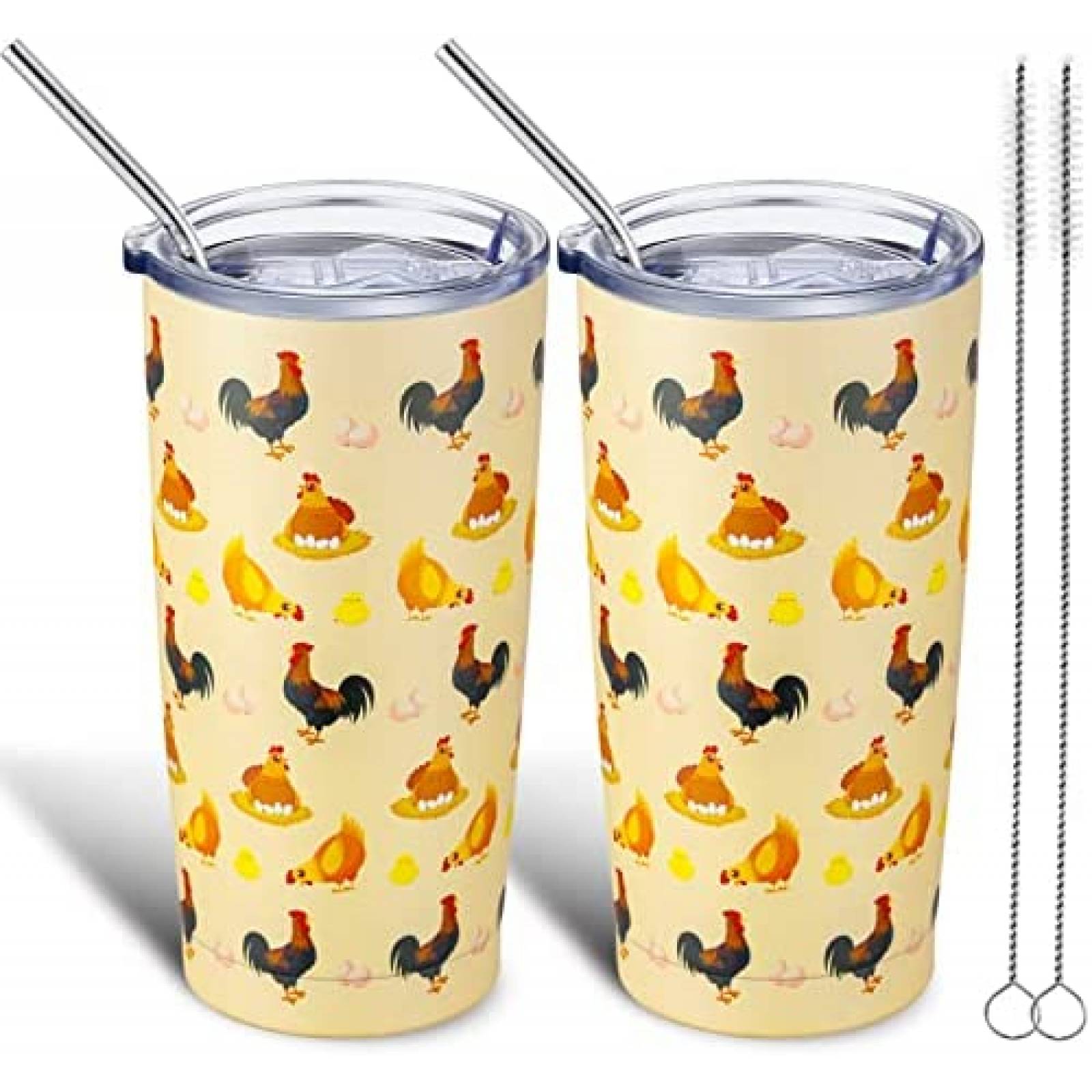 Termos con Tapa Mimorou 600ml Estampado de Gallos -Amarillo