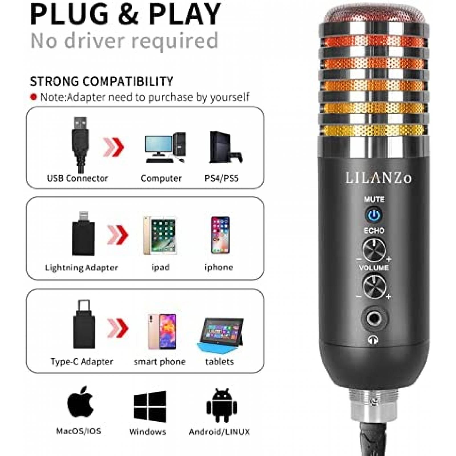 Microfono Condensador USB LILANZo con Accesorios -Negro