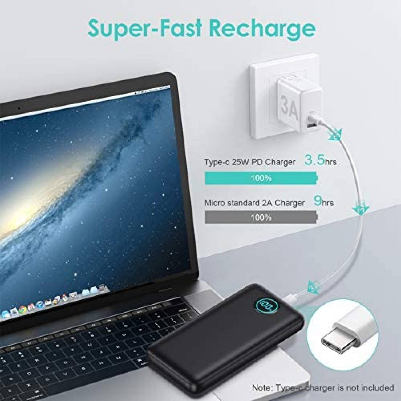 Bateria Recargable Pxwaxpy 30,800mAh USB C/Micro USB -Negro