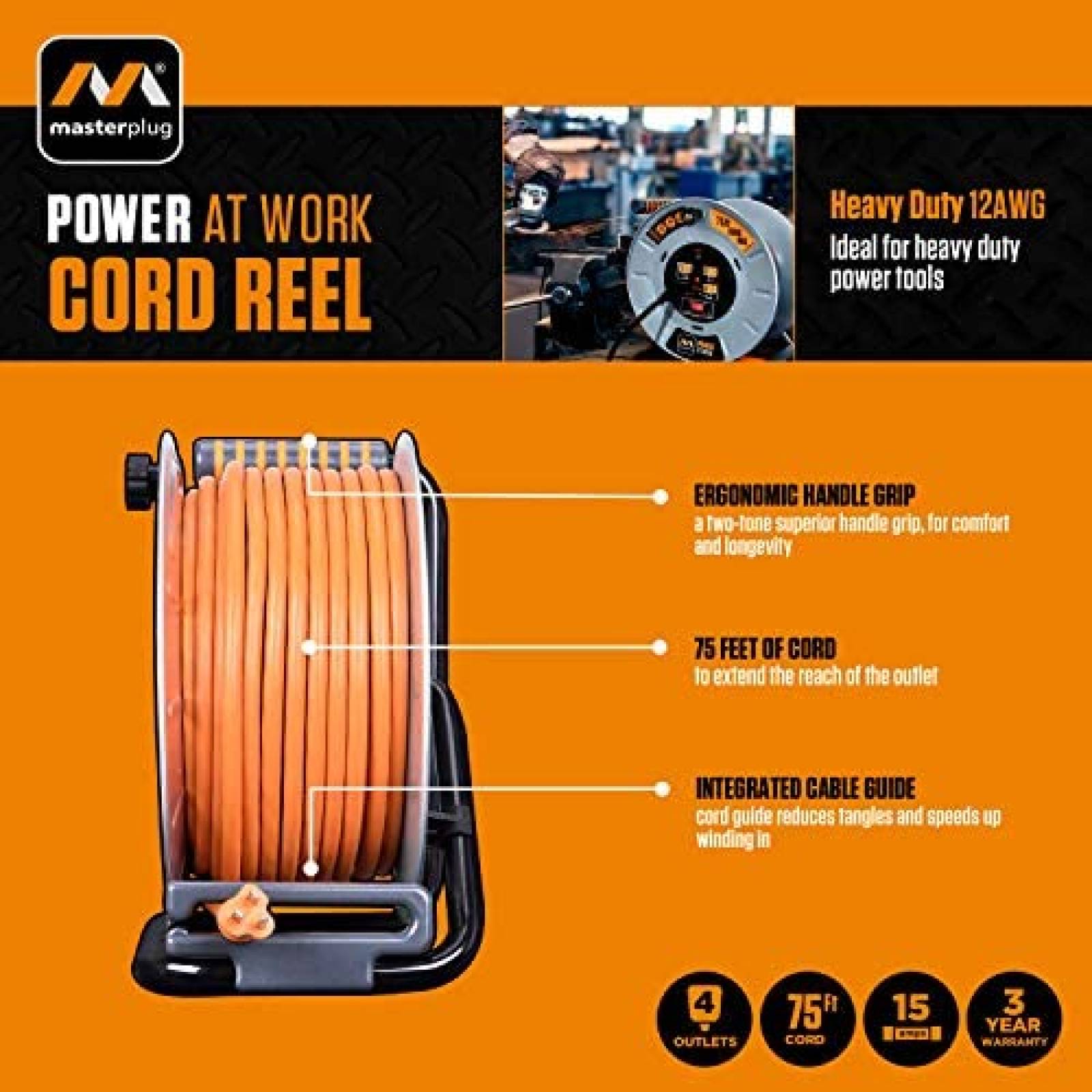 Carrete de Cable Masterplug 4 Tomacorrientes 22 Mts -Naranja