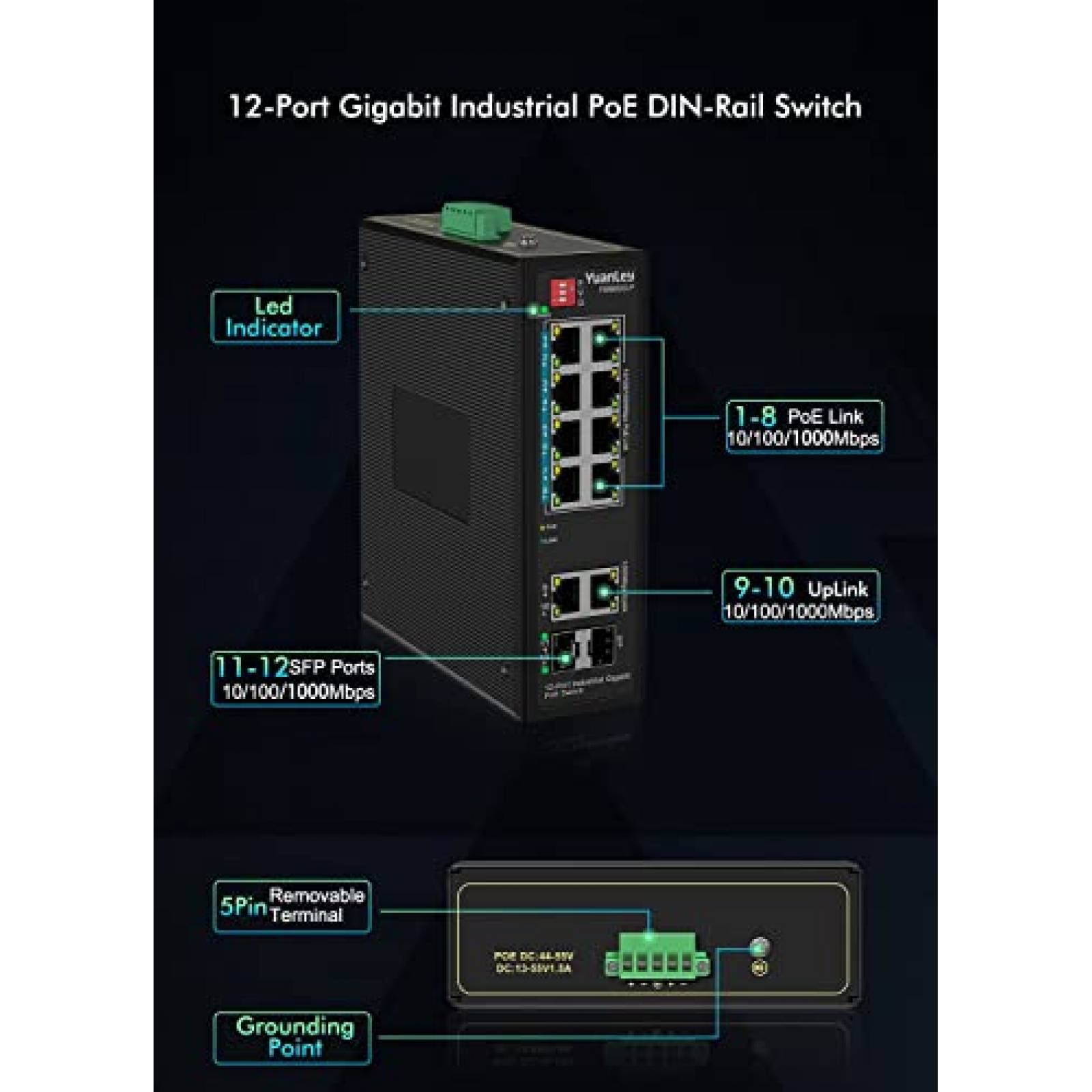 Switch YuanLey 8 Puertos Industrial Gigabit PoE -Negro