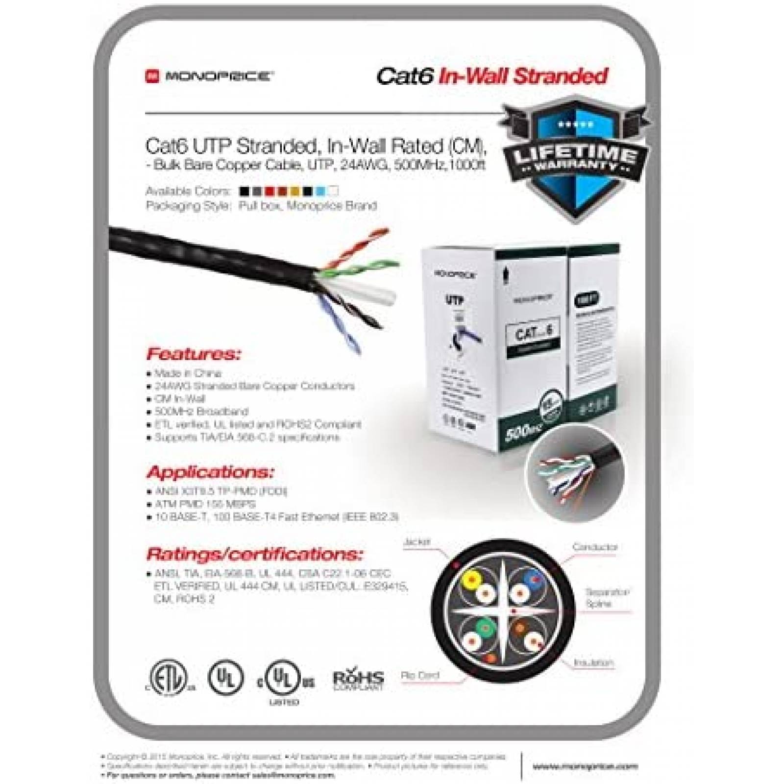 Cable Ethernet Monoprice Cat6 300m 550Mhz UTP 24 AWG -Negro