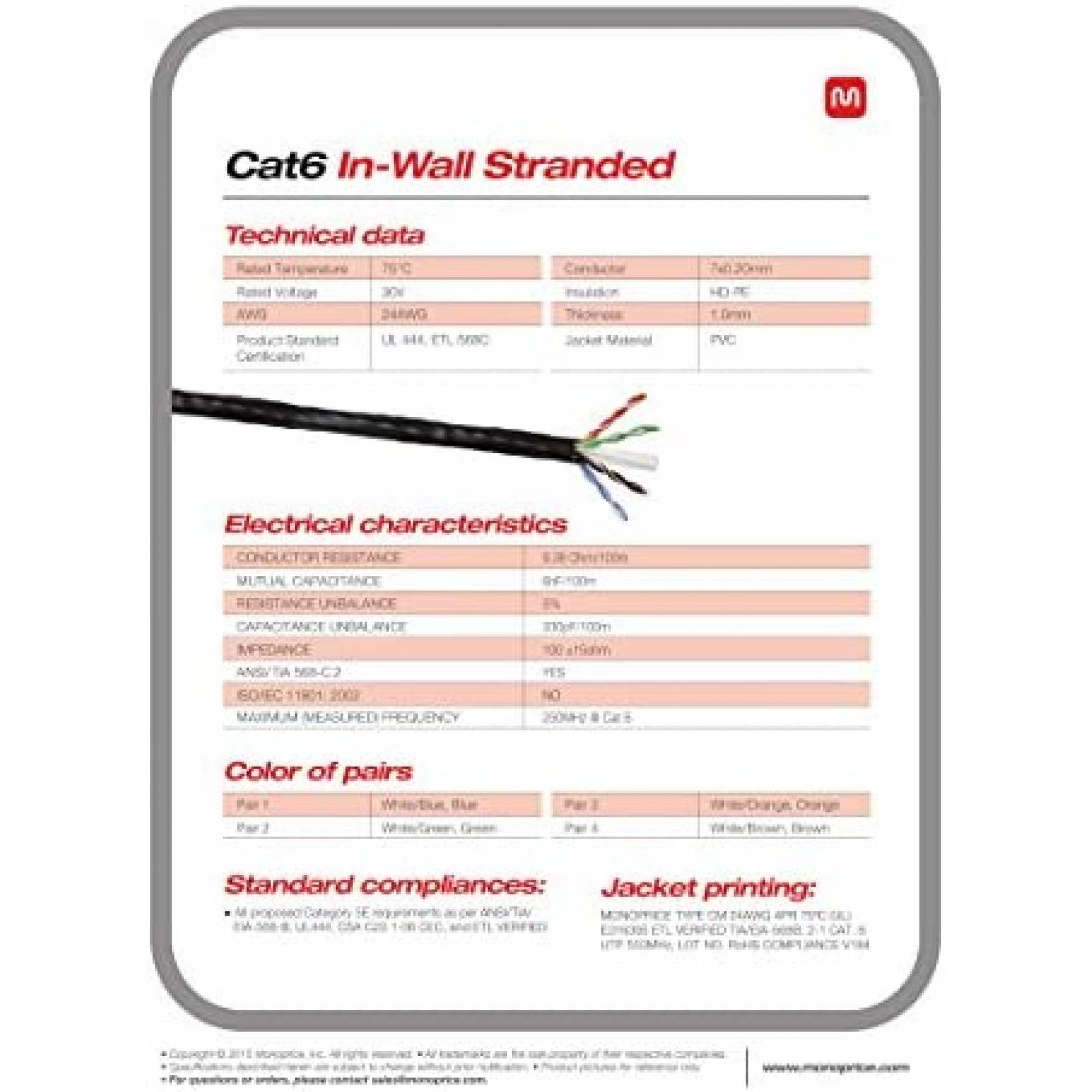 Cable Ethernet Monoprice Cat6 300m 550Mhz UTP 24 AWG -Negro