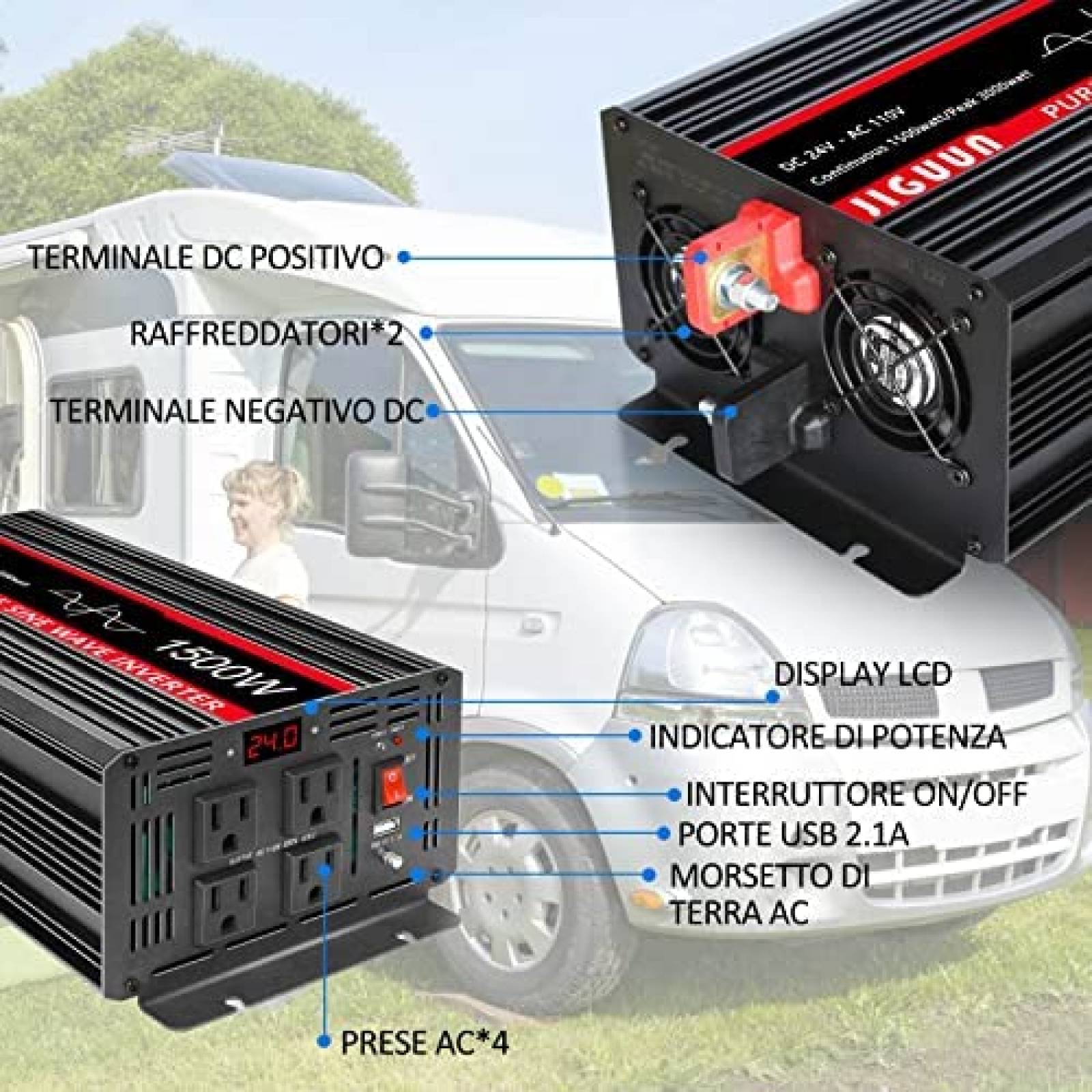 Inversor de Corriente para Auto JIGUUN 1500W PSW 24V a 110V
