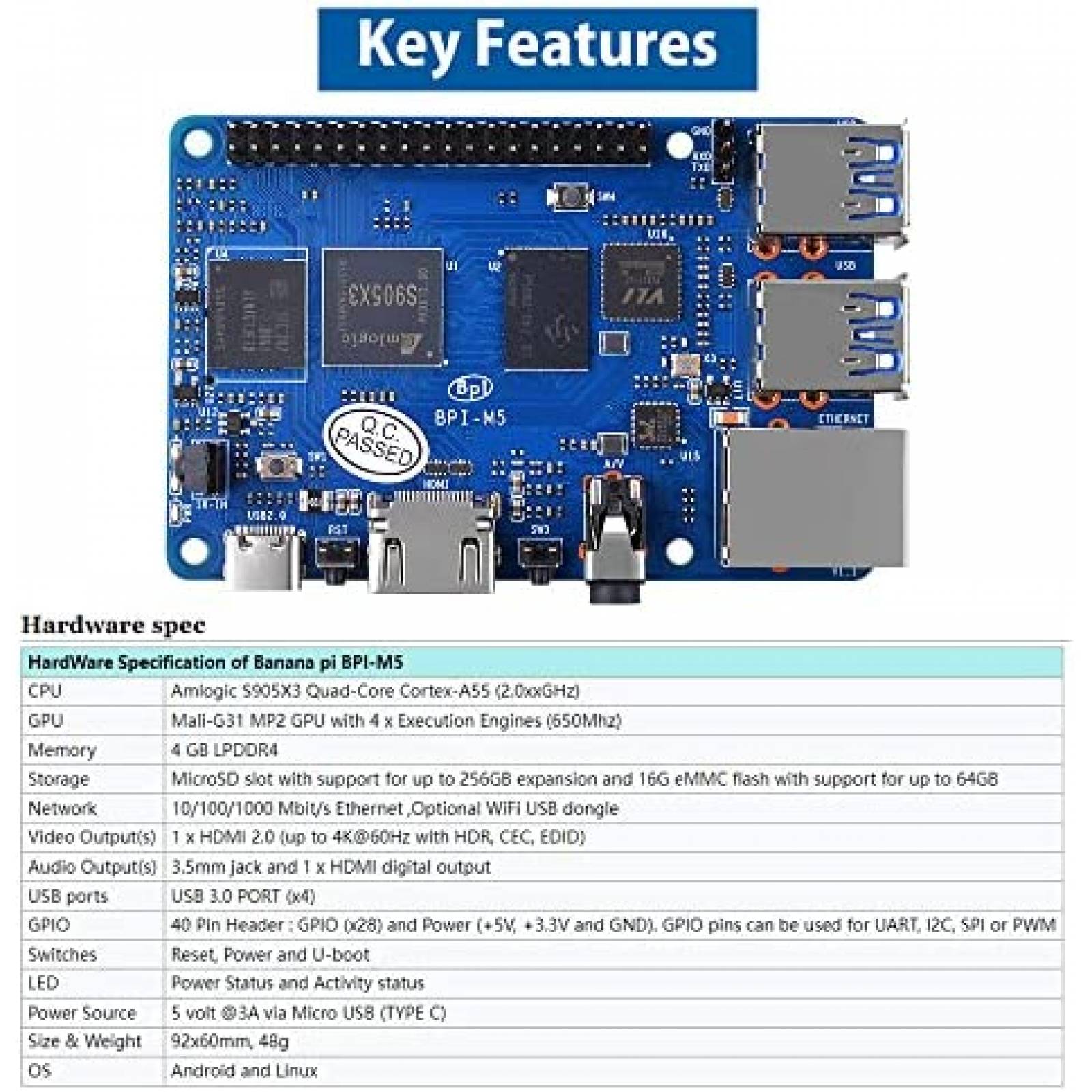 Kit Banana Pi GeeekPi BPI-M5 Amlogic S905X3 Case -Azul