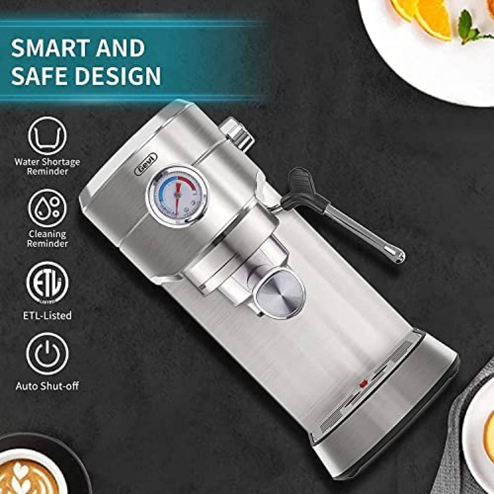 Cafetera Gevi 20 Bares con Espumador de Leche -Plata