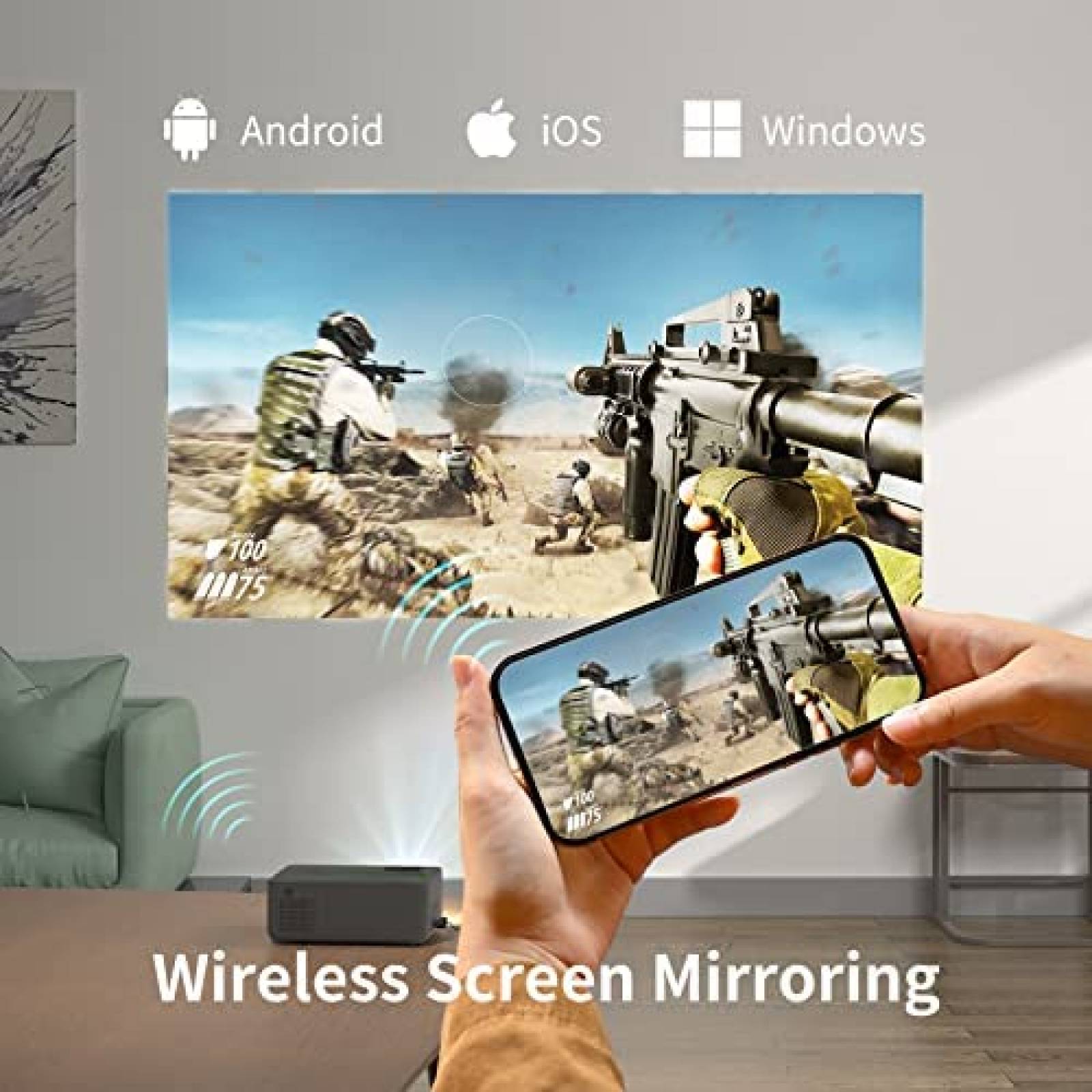 Mini Projector WEWATCH 1080P 13500L WiFi Bluetooth -Negro