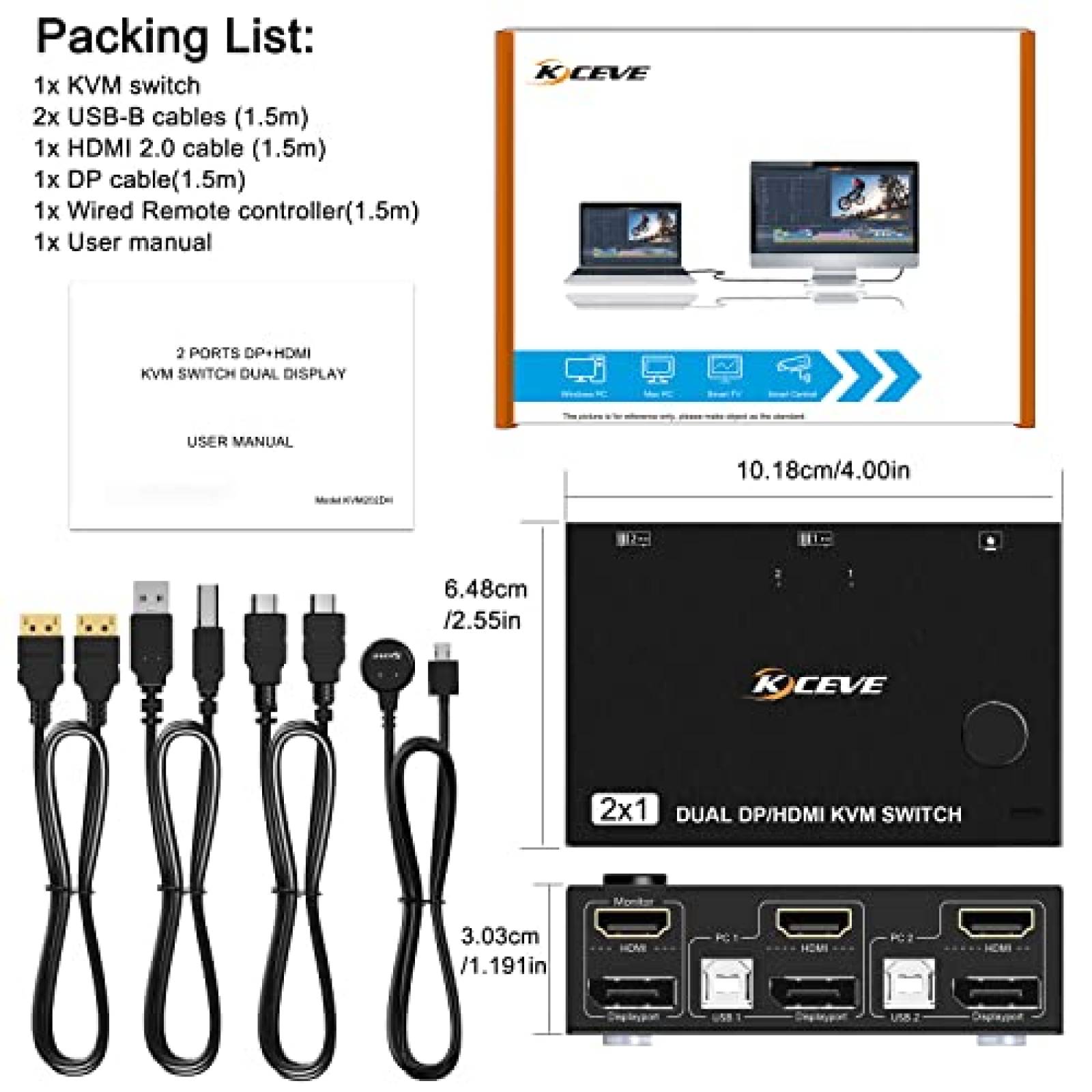 Switch KVM MLEEDA 4K60Hz 3 Puertos HDMI 4 USB -Negro