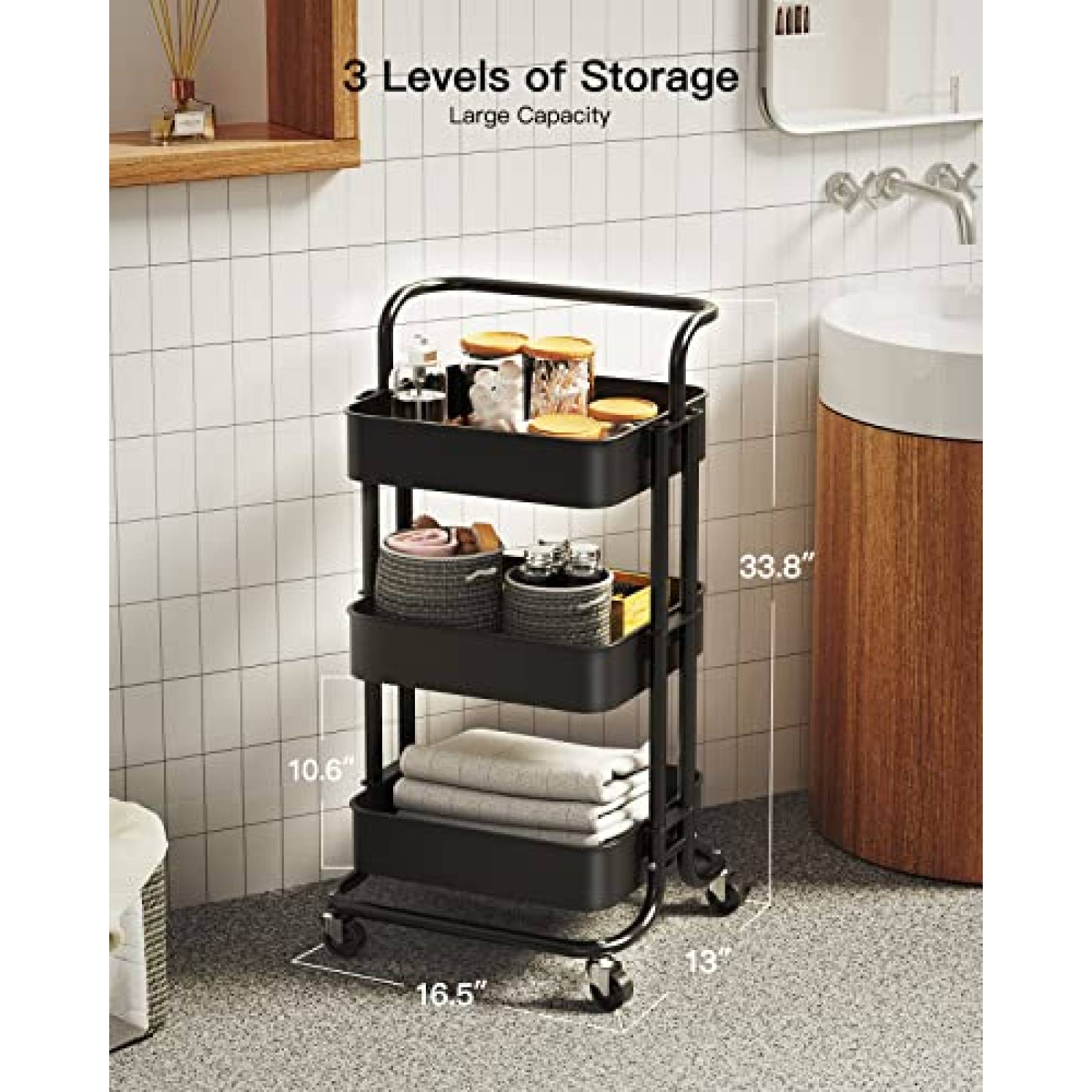 Carro Rodante Totnz Utilitario de 3 Estantes -Negro