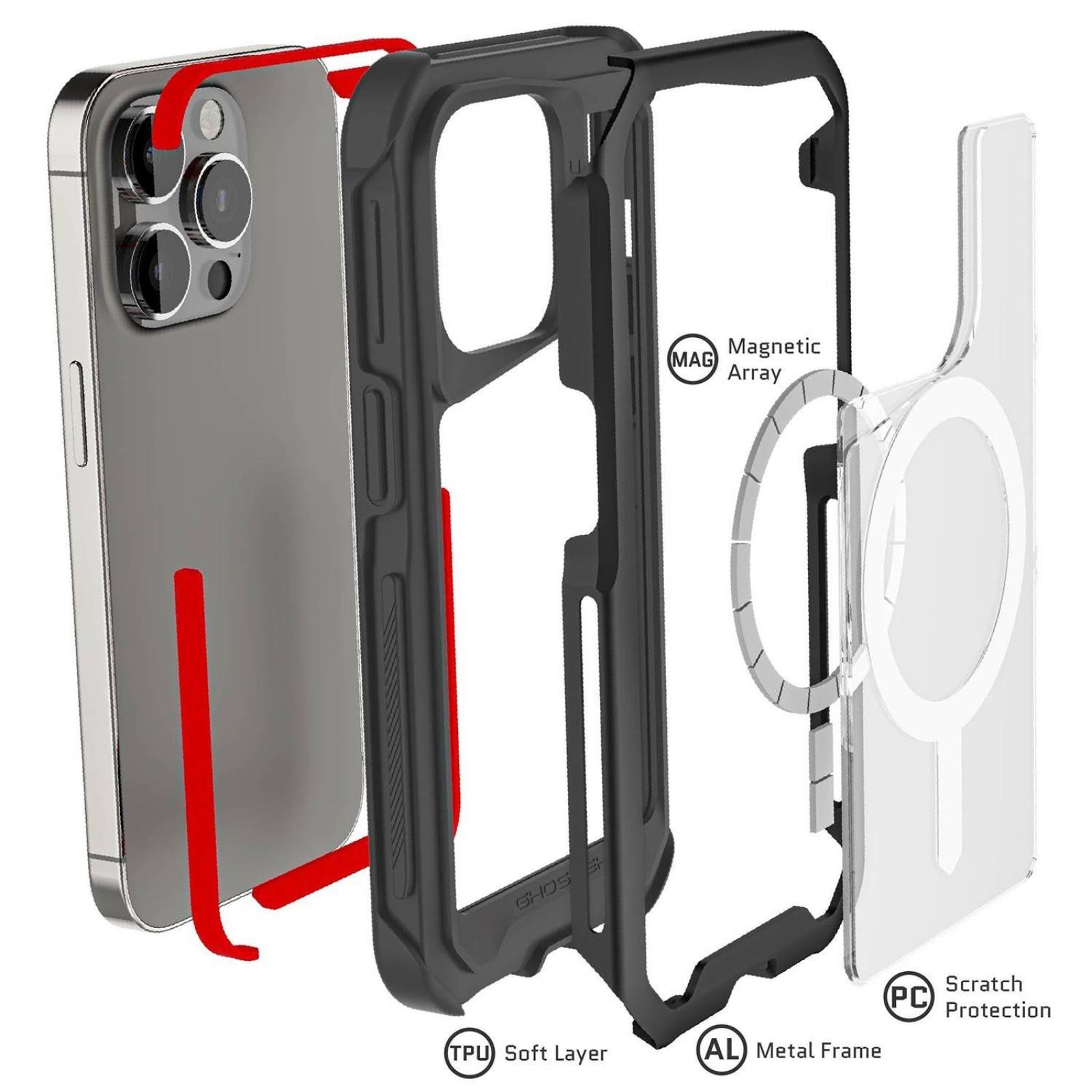 Funda GHOSTEK Atomic para iPhone 14 PRO MAX Aluminio Transp Negra MagSafe