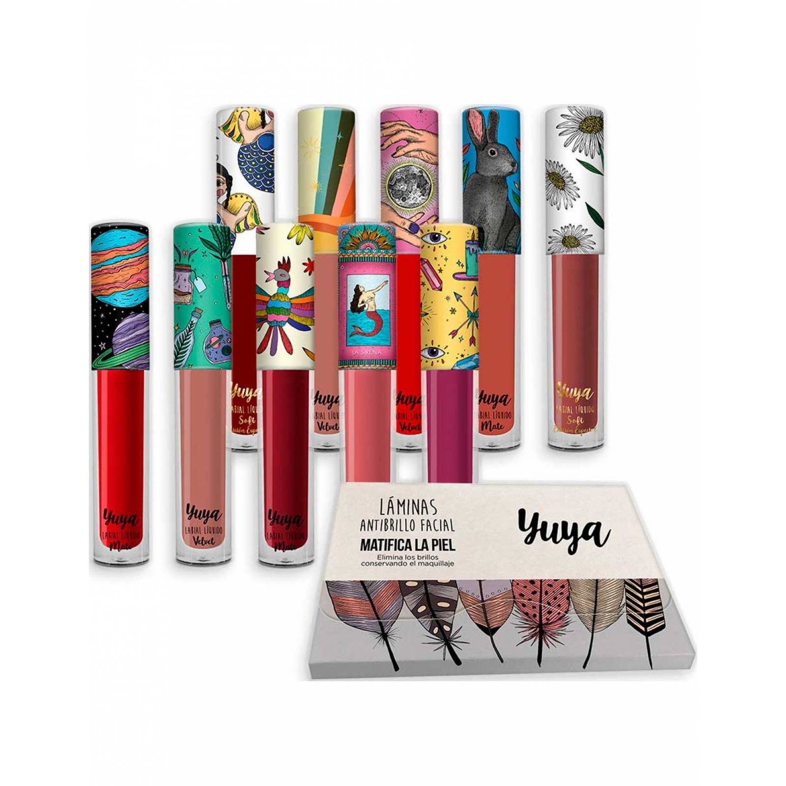 Yuya - Paquete 10 labiales + laminitas anti brillo incluye: Labial La Sirena (Chocolate ...