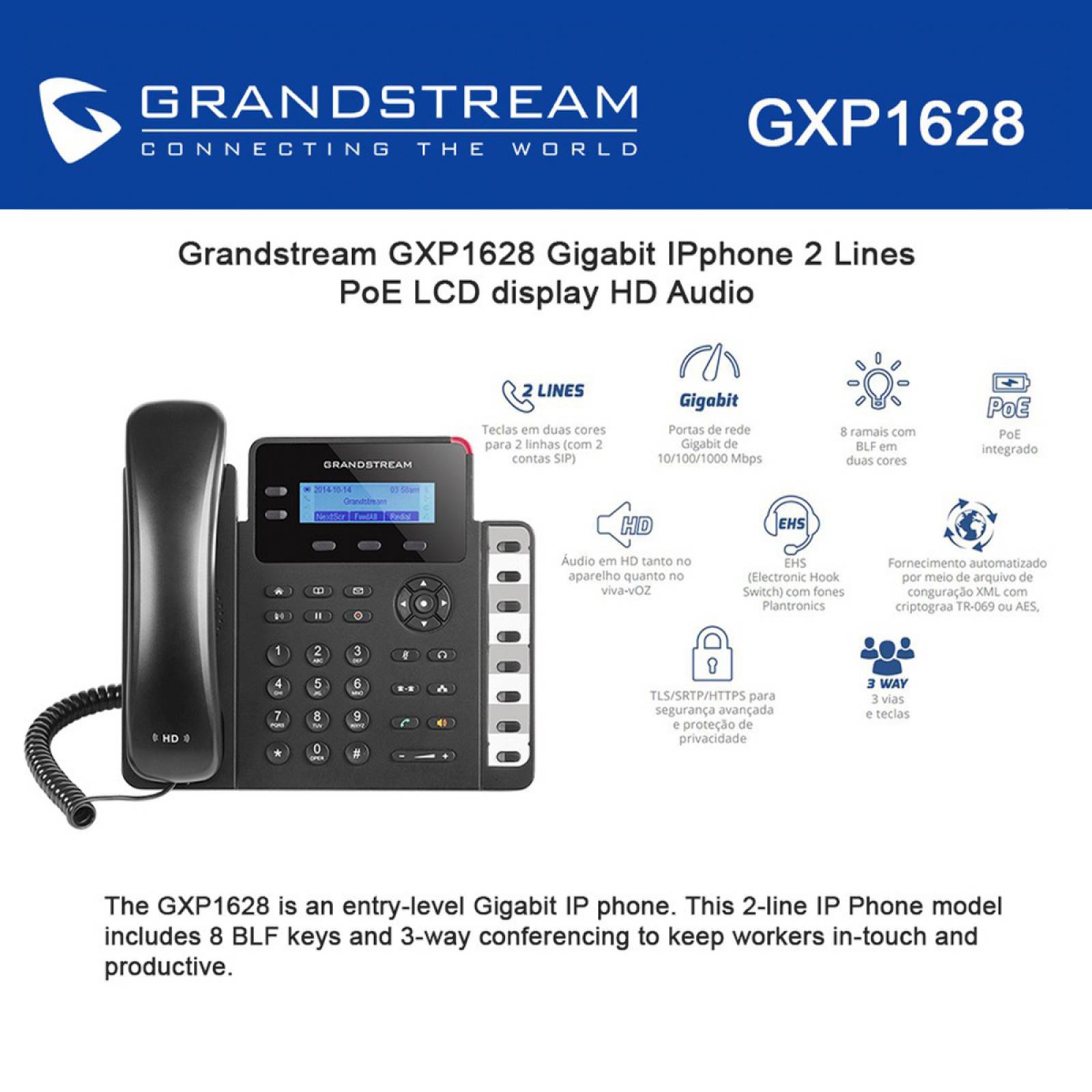Teléfono IP SMB Grandstream GXP1628 2 líneas 8 teclas BLF Teléfono IP SMB Grandstream GXP1628 2 líneas 8 teclas BLF