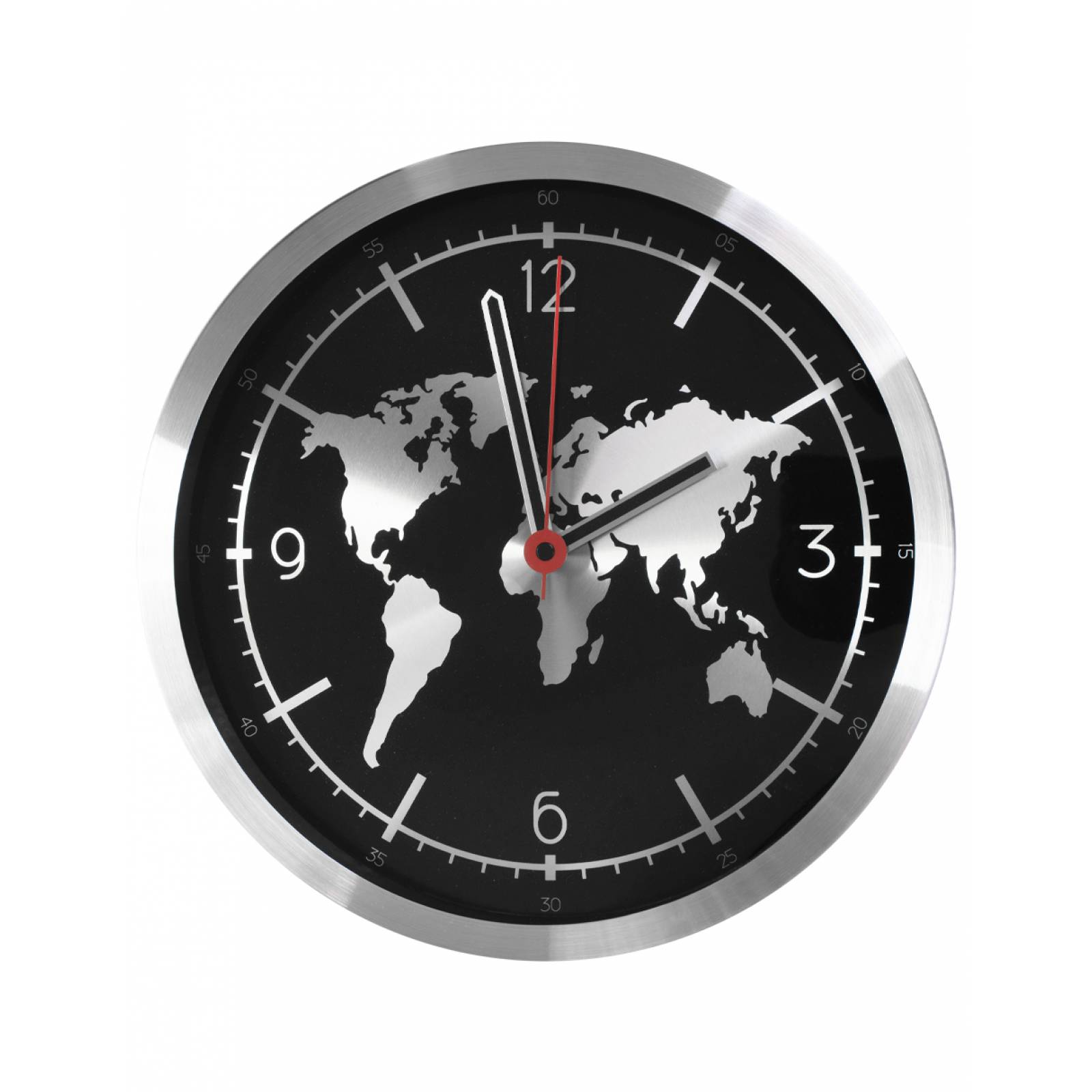Reloj de Pared con Mapa mundi Elegante Plata con fondo negro y Plata
