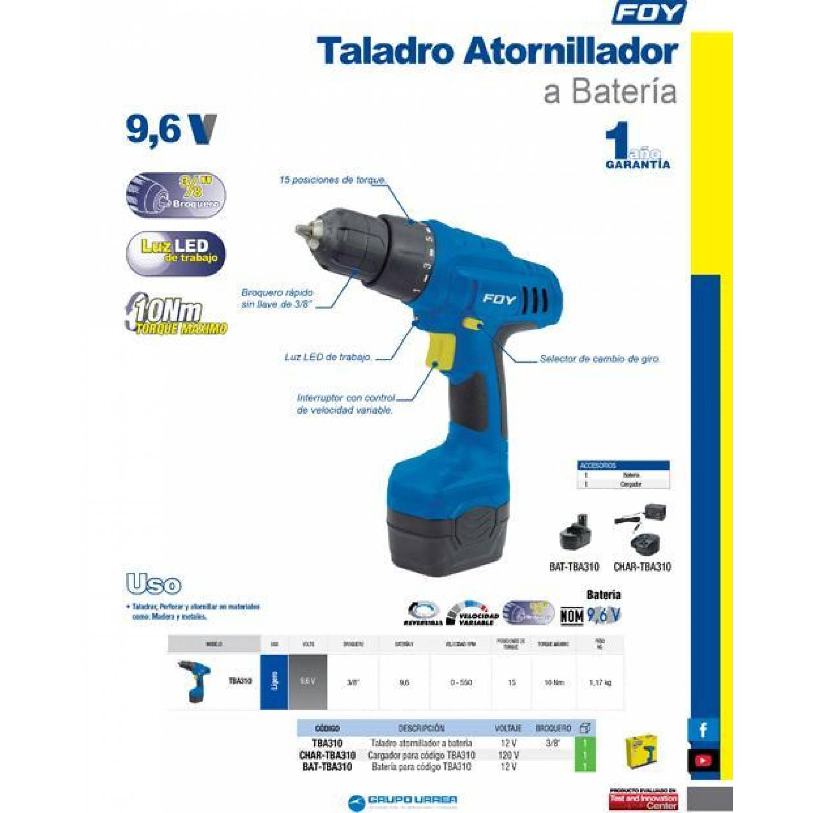 Batería para taladro atornillador de 9,6 V Foy BAT-TBA310