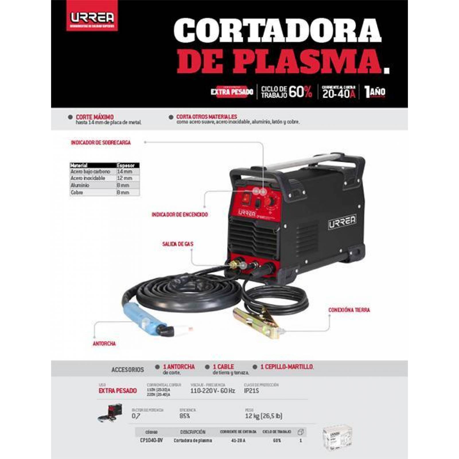 Cortadora de plasma bi-voltaje 110V/220Vl Urrea CP1040-BV