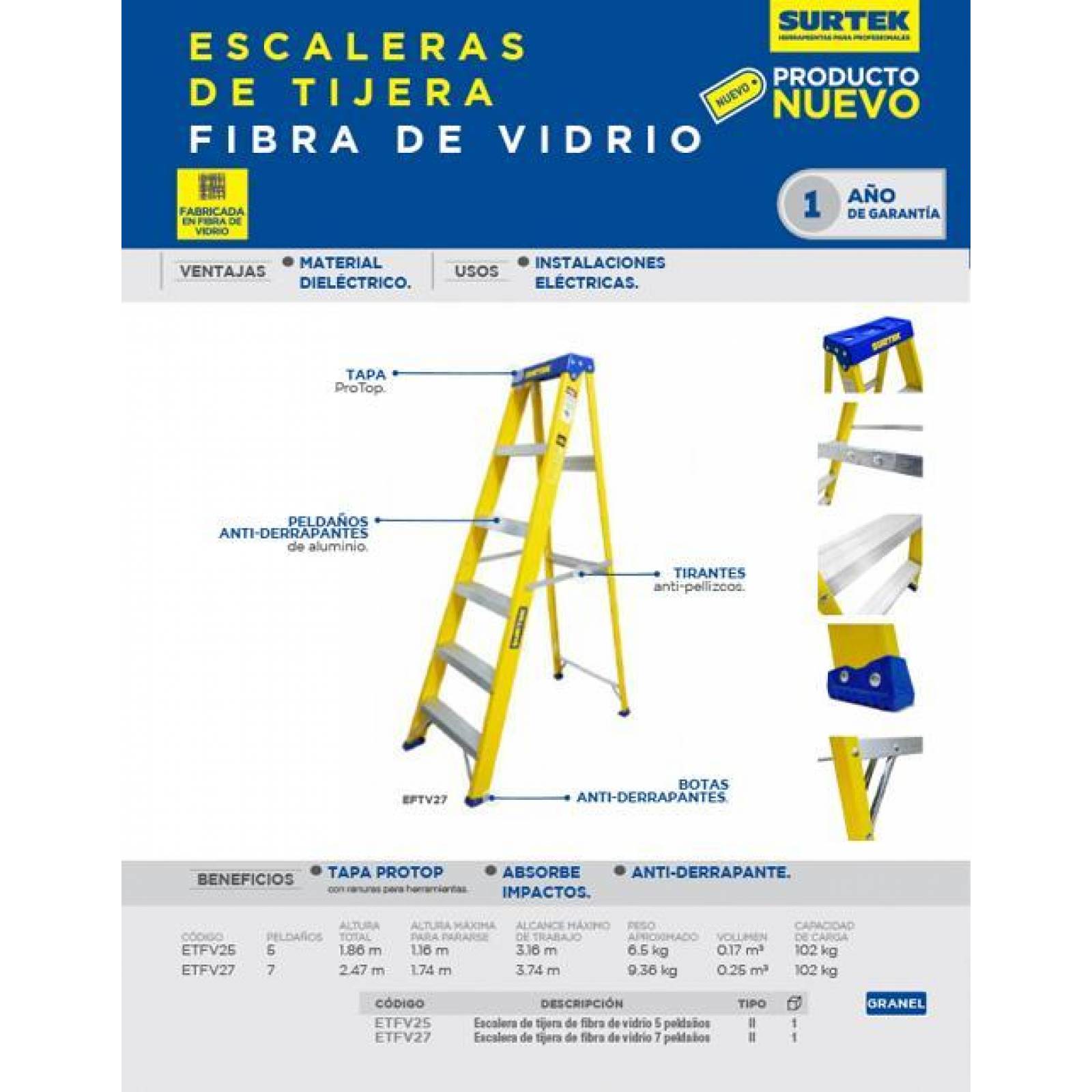 Escalera tijera fibra de vidrio 7 escalones tipo 2. Surtek ETFV27