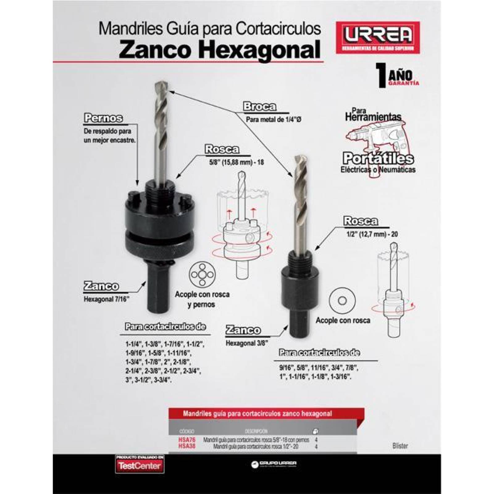 Mandril guía 3/8" zanco hexagonal Urrea HSA38
