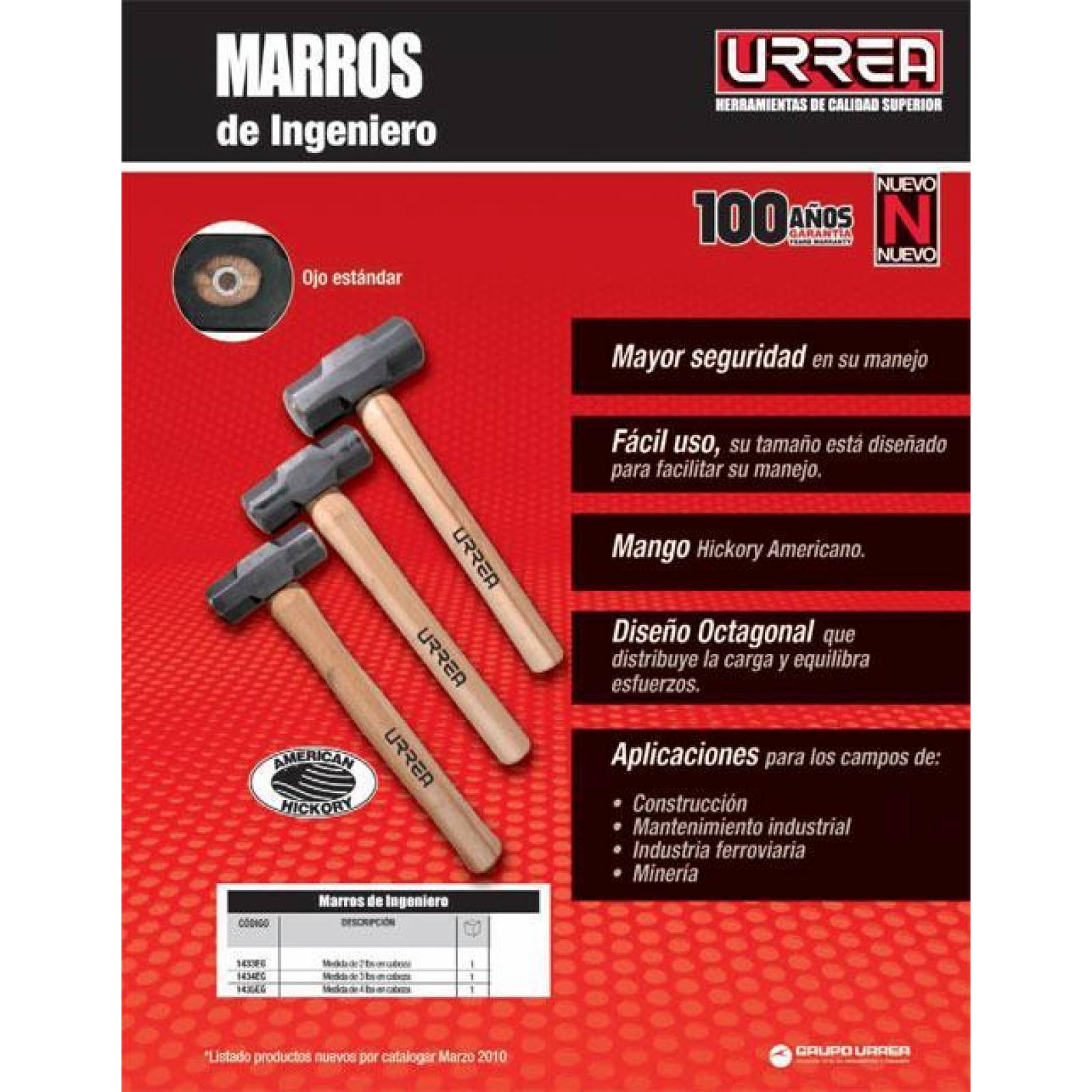 Marro acero octagonal (ing) 3lb hickory americano 16" Urrea 1434EG