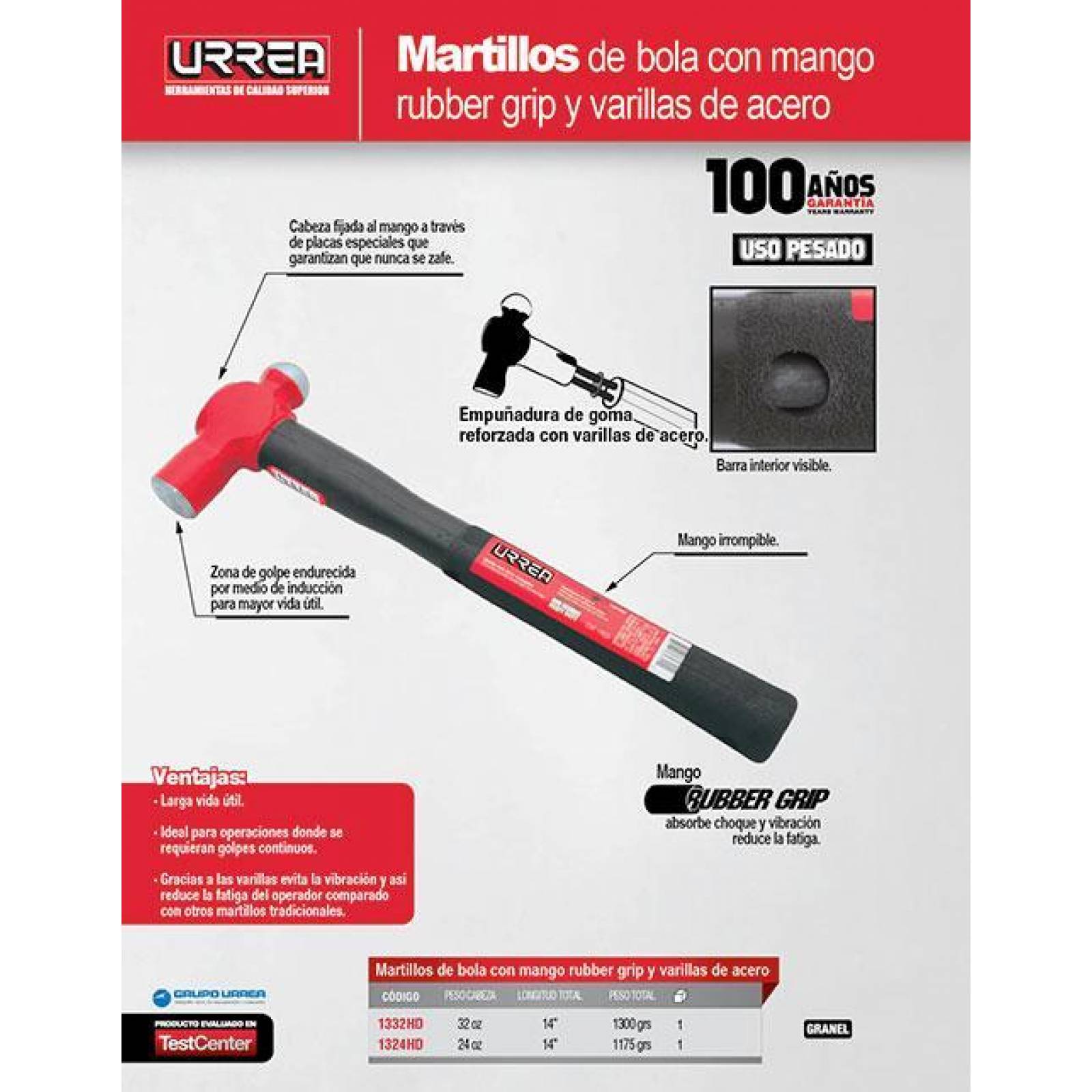 Martillo bola 24oz mango rubber grip varillas de acero Urrea 1324HD