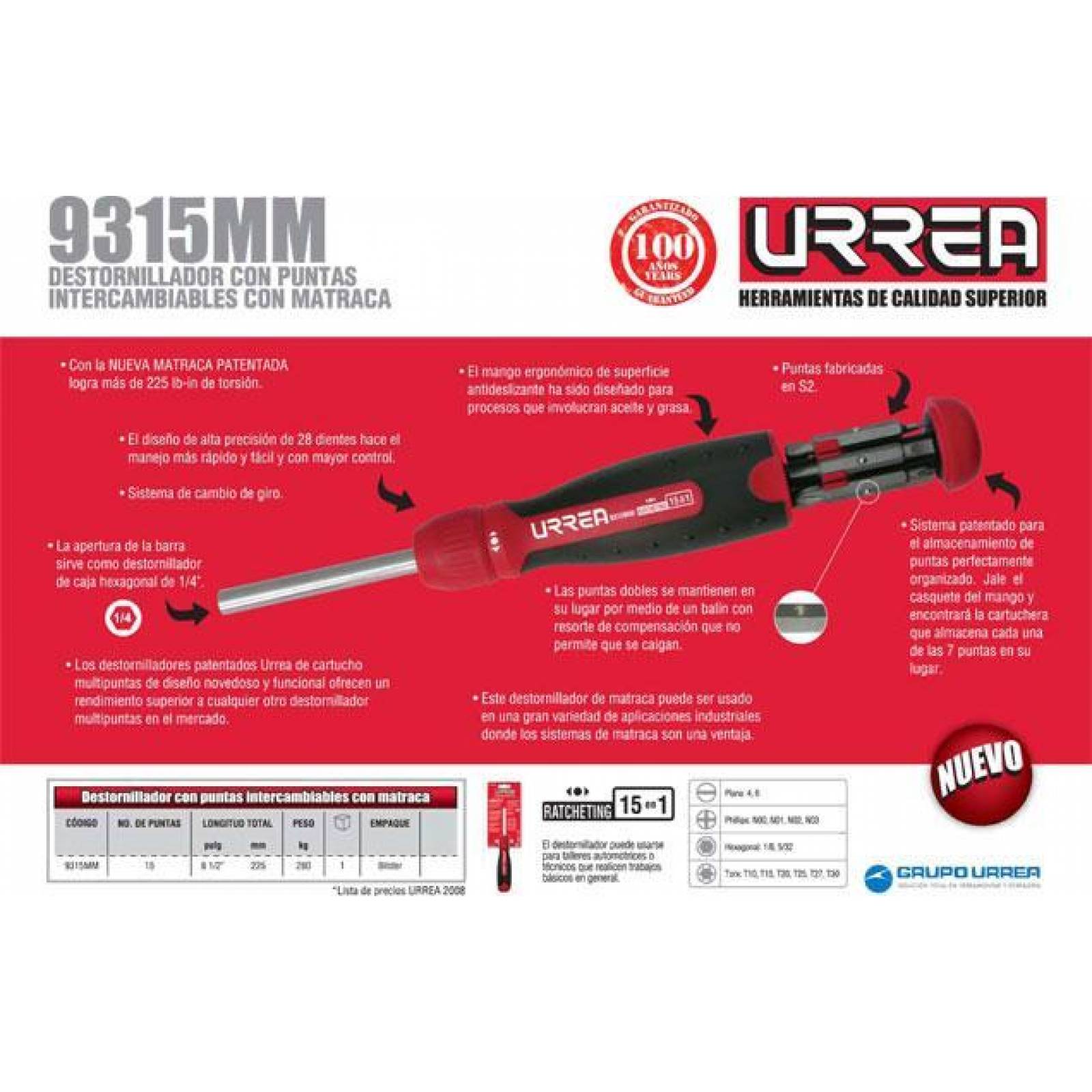 Destornillador de puntas intercambiables matraca 15en1 Urrea 9315MM
