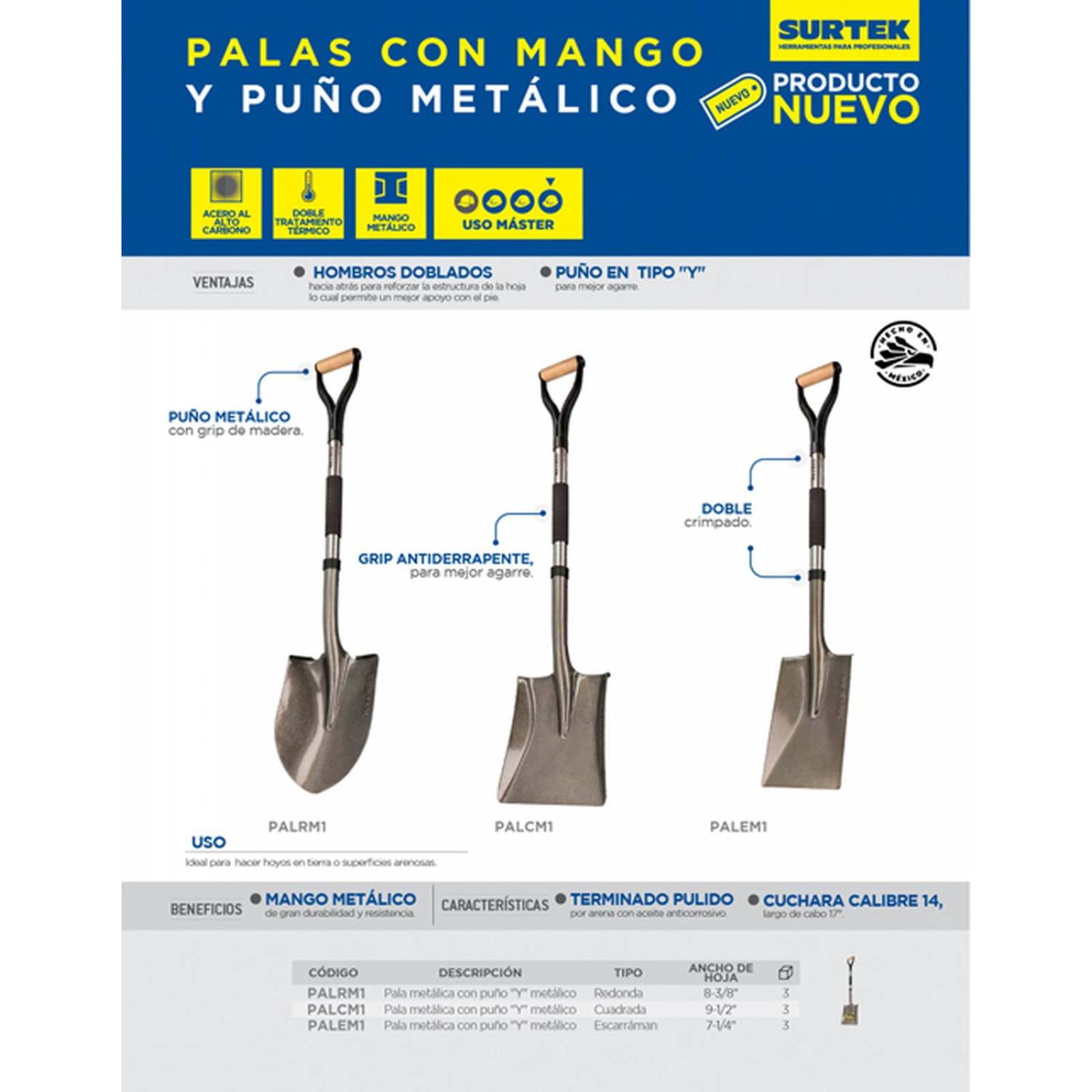 Pala cuadrada metálica con puño en "Y" metálico Surtek PALCM1